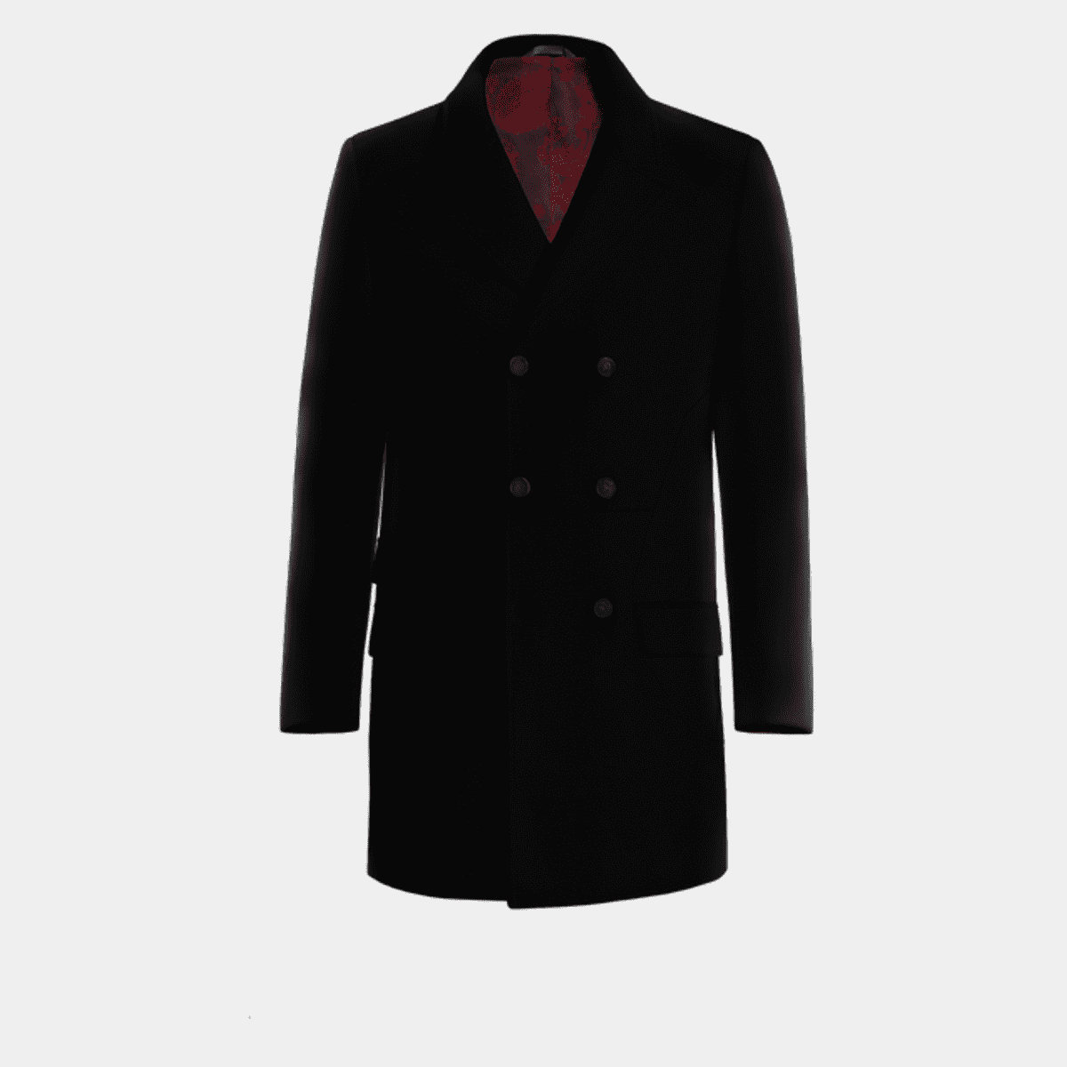 Wool black Double breasted overcoat with red lining