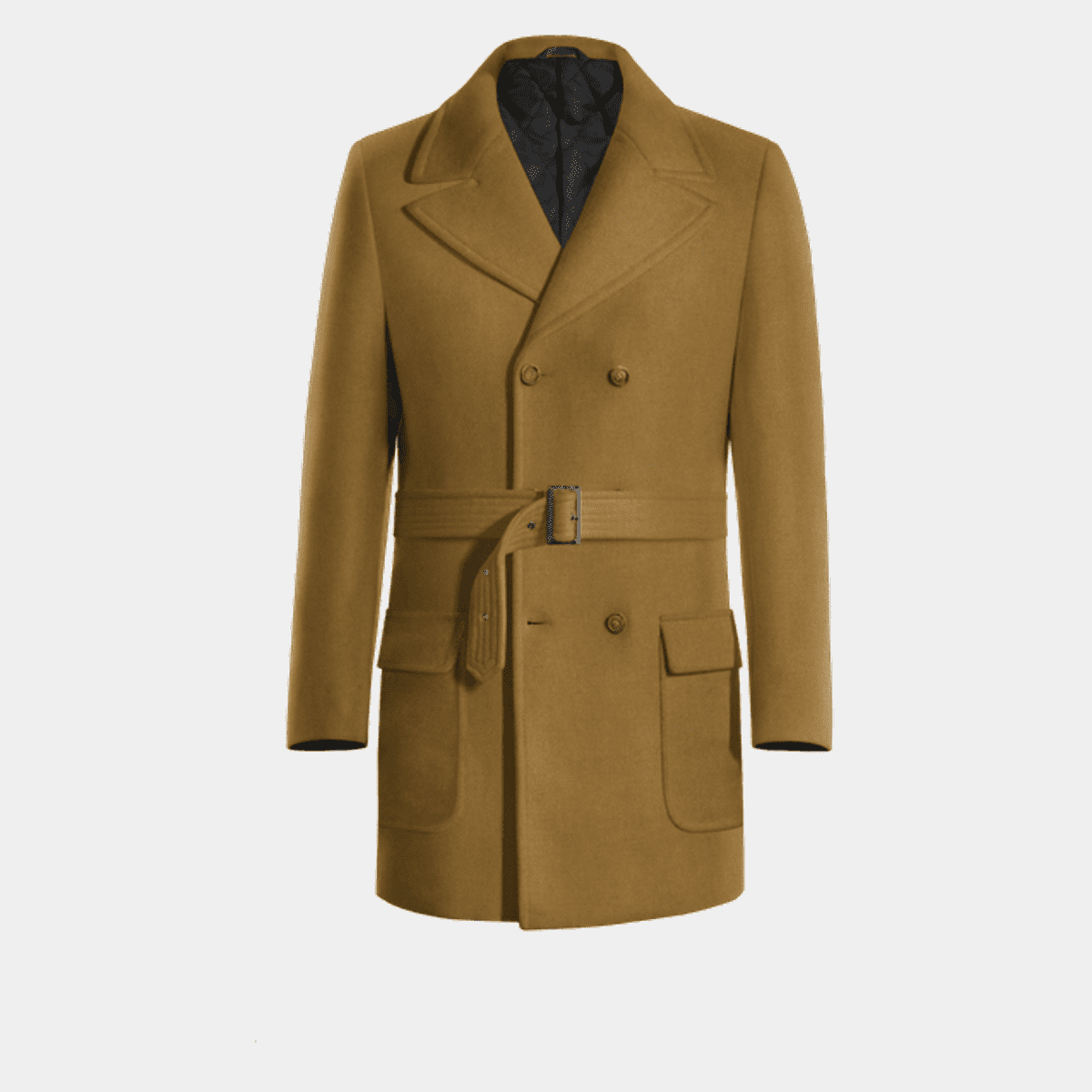 Camel short belted Double breasted overcoat with wide lapels & black lining