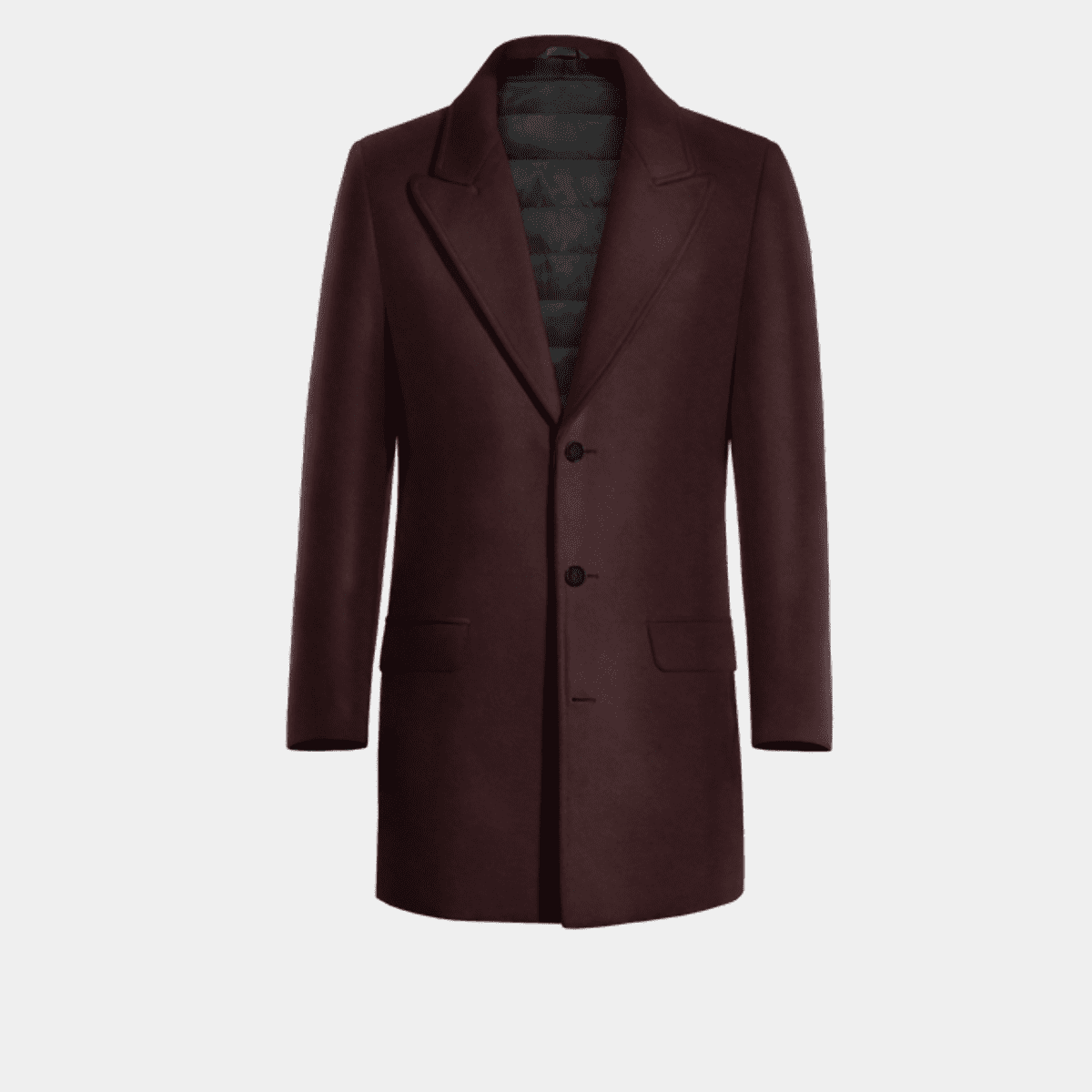 Burgundy short Overcoat with peak lapels & black lining