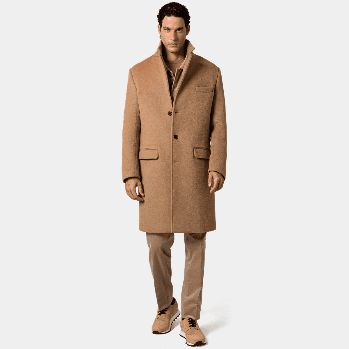 Alpaca camel long Overcoat with wide lapels