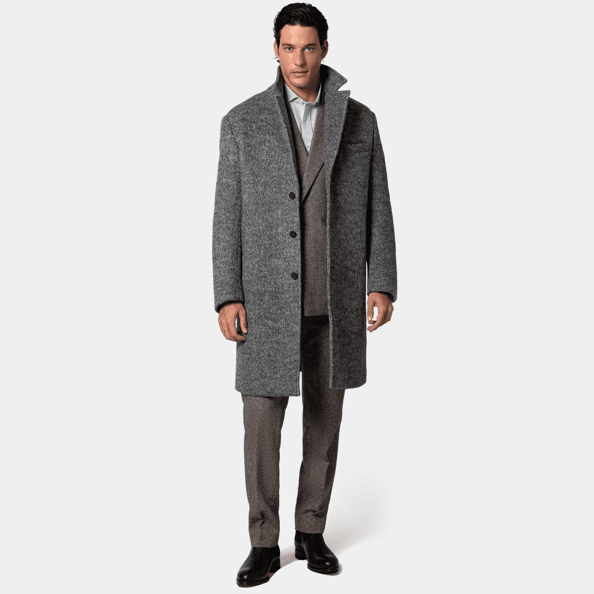 Wool Silk Angora Light Gray melange long Overcoat with wide lapels ...