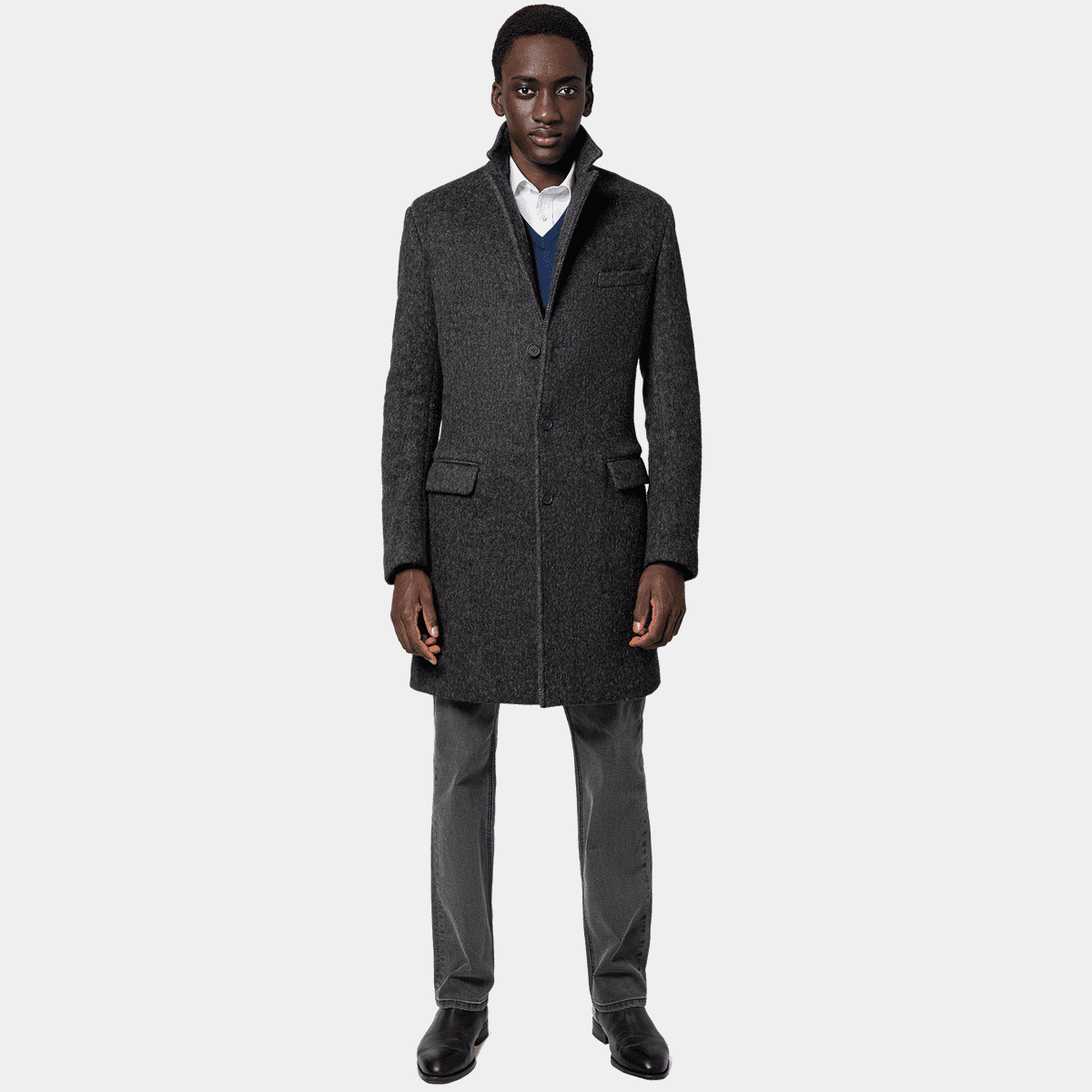 Manteau long gris en laine, soie et angora melange avec les fils contrastés