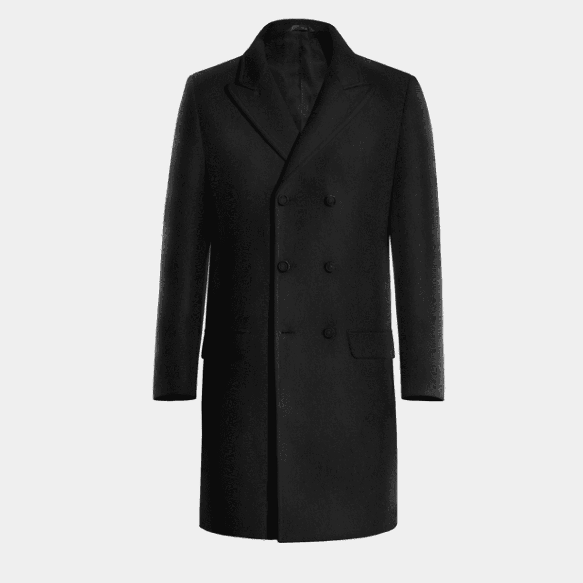 Alpaca black long Double Breasted Coat with peak lapels
