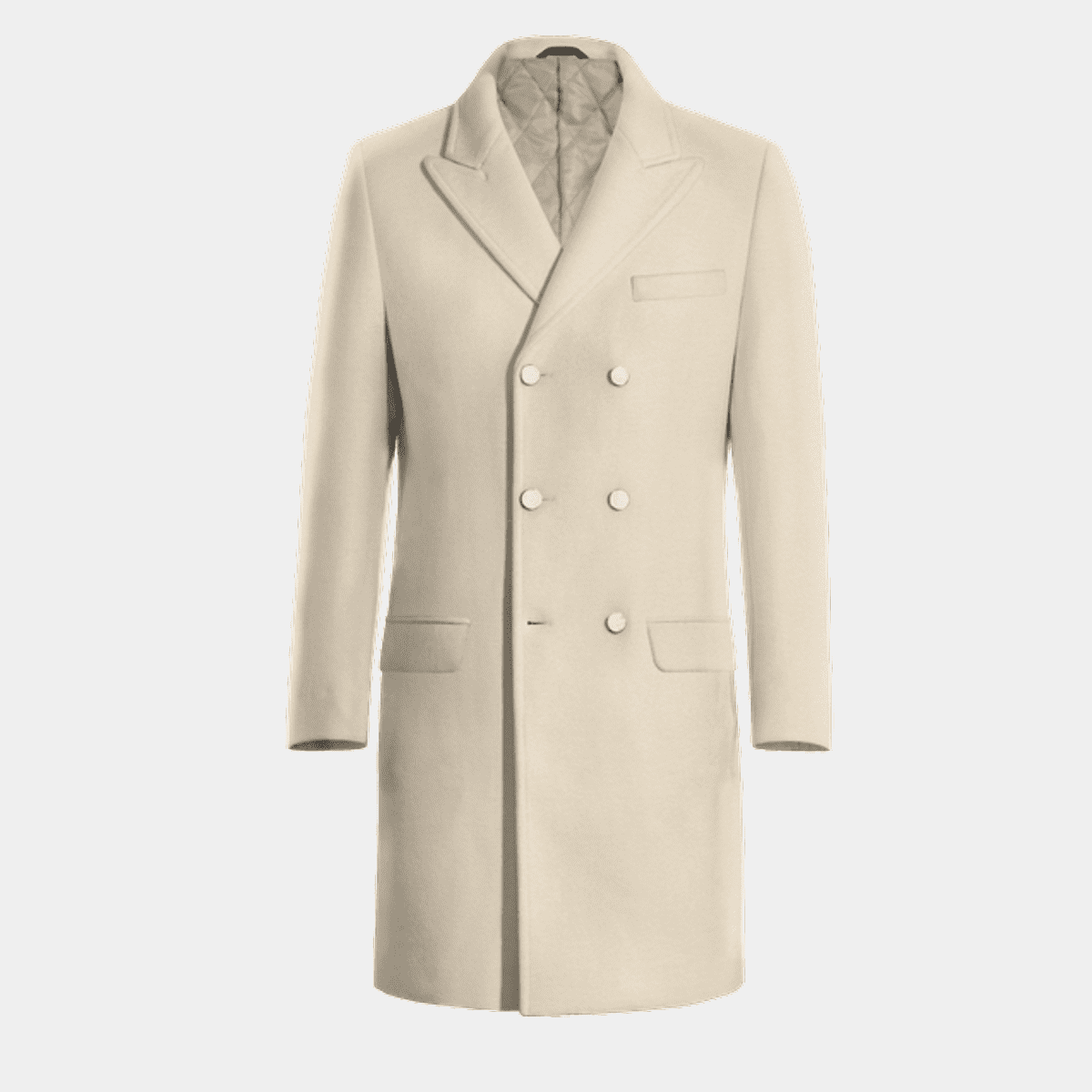 Beige long Double Breasted Coat with peak lapels &quilted inner linning