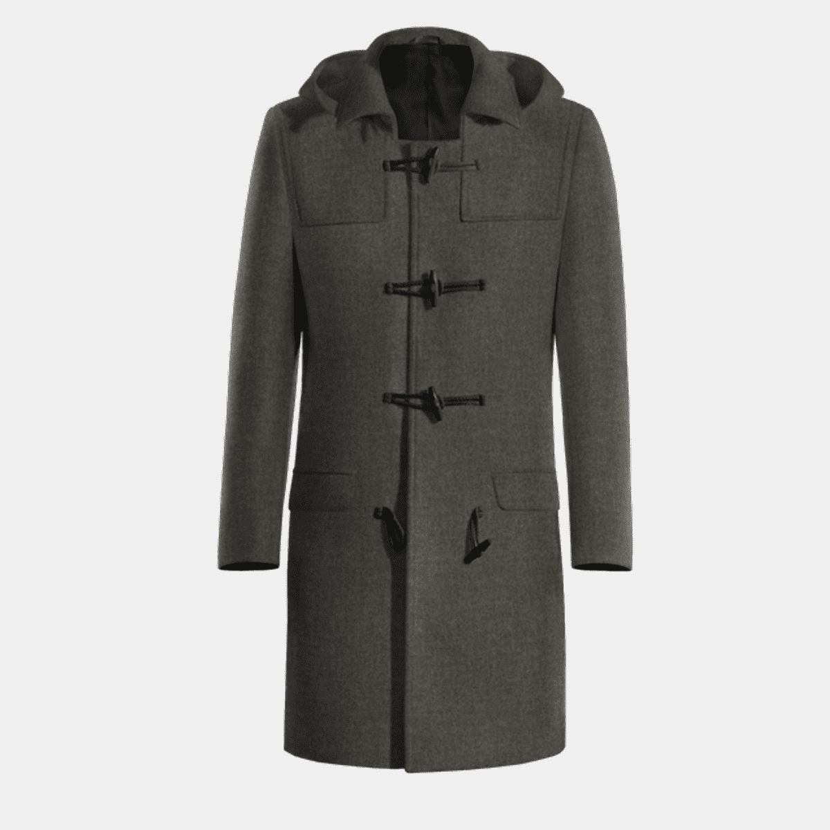 Mid gray long Montgomery coat with black lining