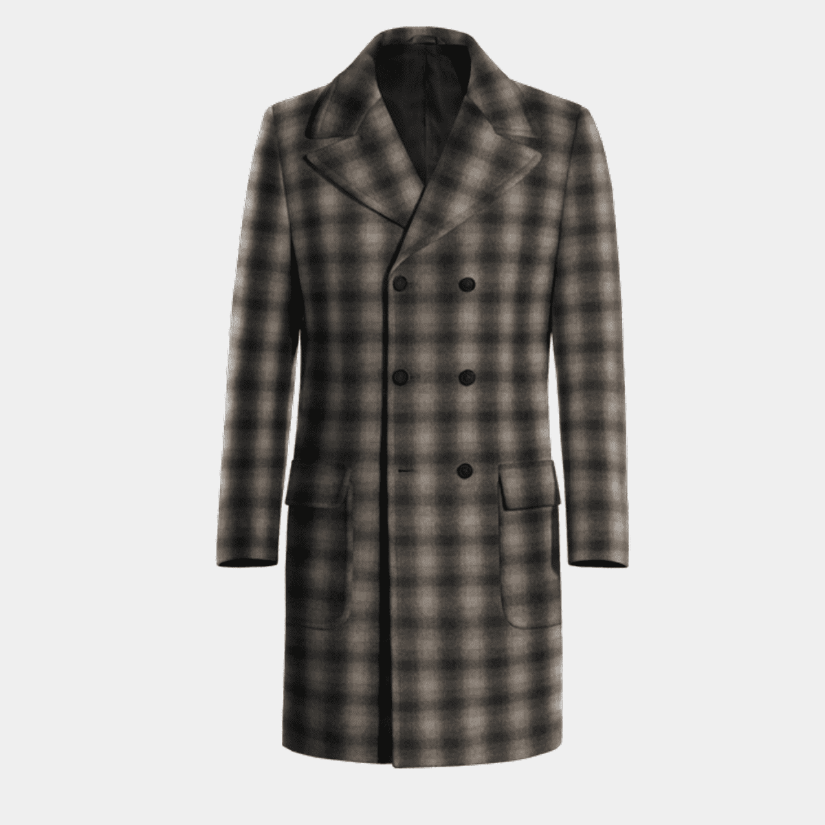 Checkered beige long Double breasted overcoat with black lining