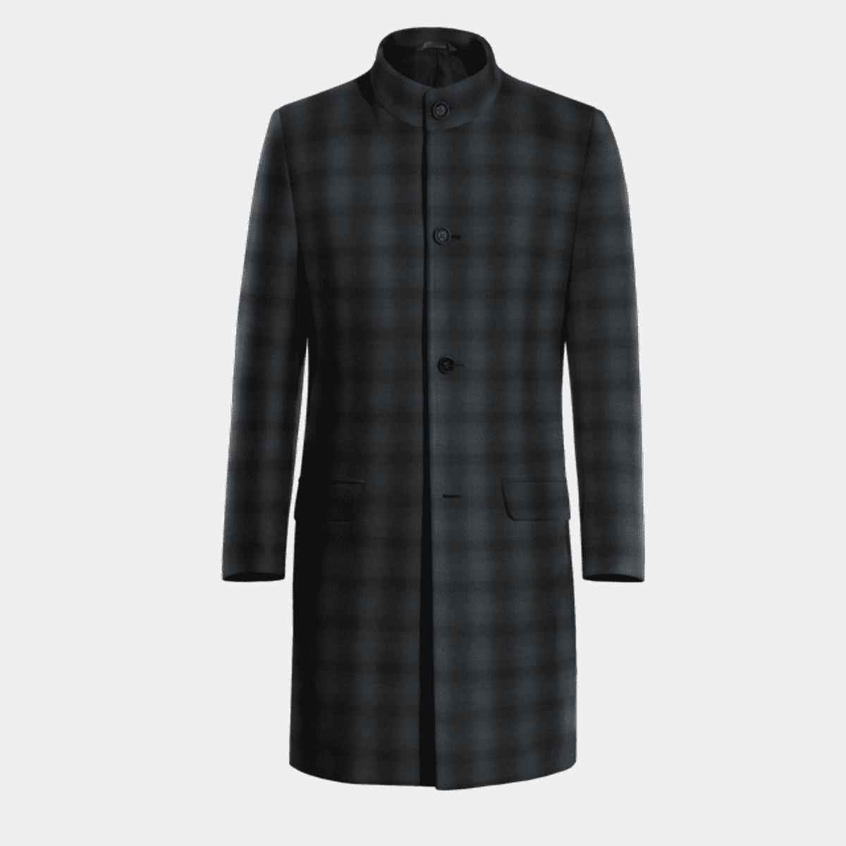 Checked Navy Blue long Funnel neck Coat with black lining