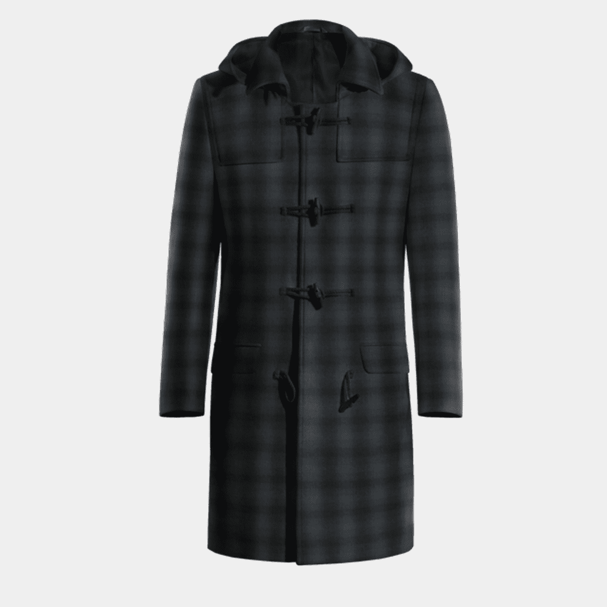 Checked Navy Blue long Duffle coat with black lining