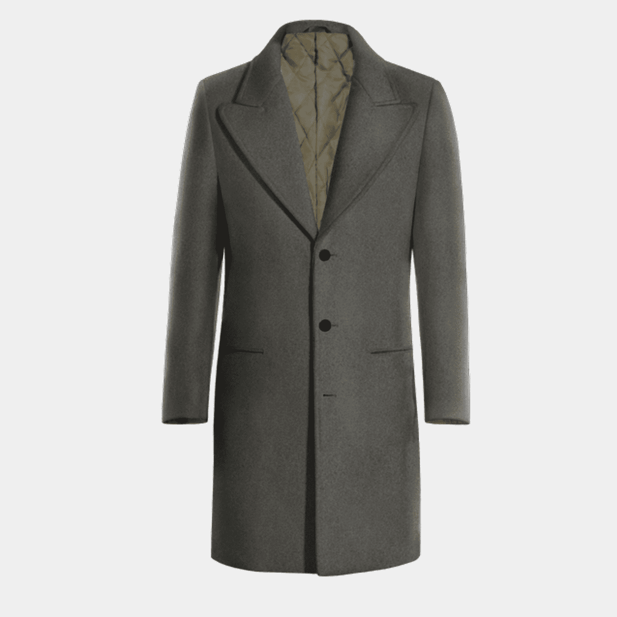 Iron gray melange long Overcoat with peak lapels &quilted inner linning ...