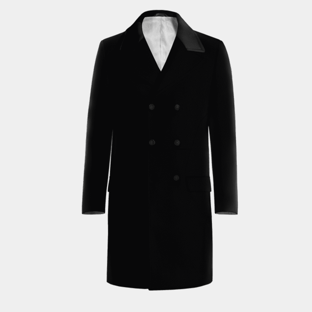 Wool black long Double breasted overcoat with contrasted collar & white ...
