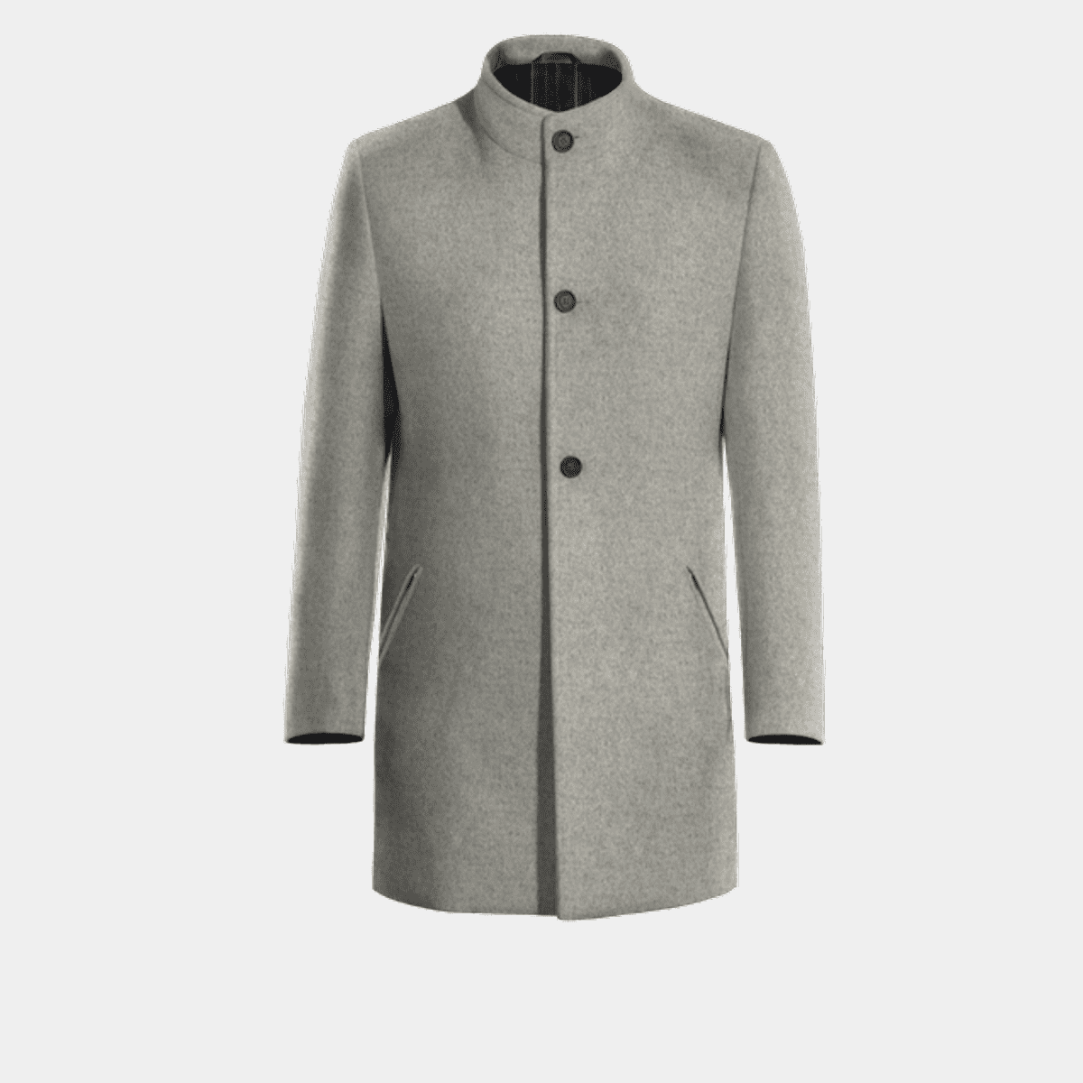 Light Gray melange short Funnel neck Coat with wide lapels & black lining