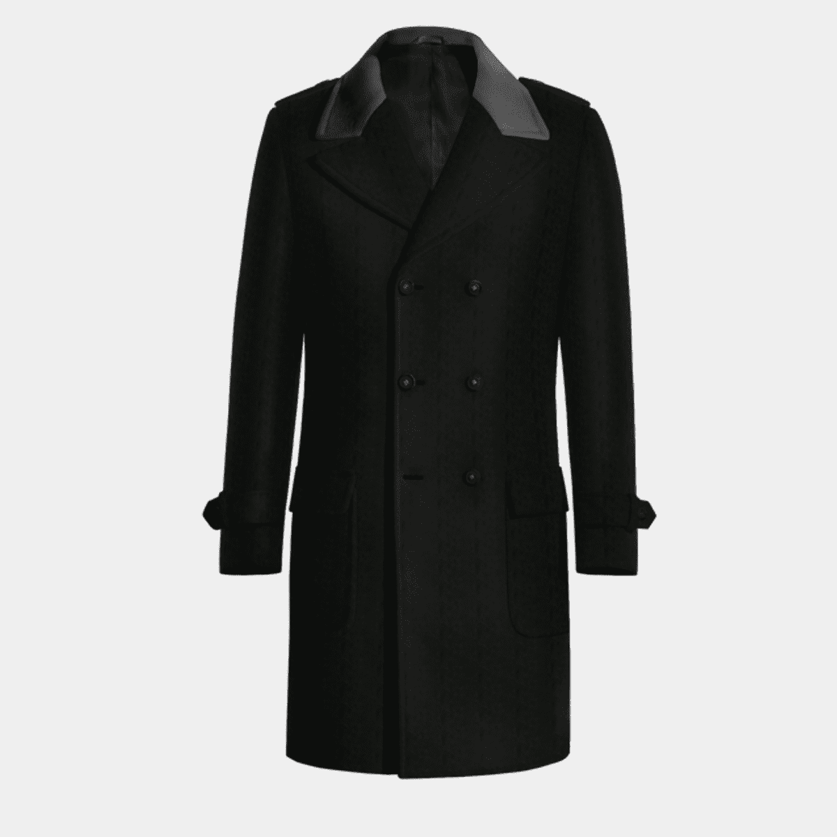 Black long Double-Breasted Coat with contrasted collar