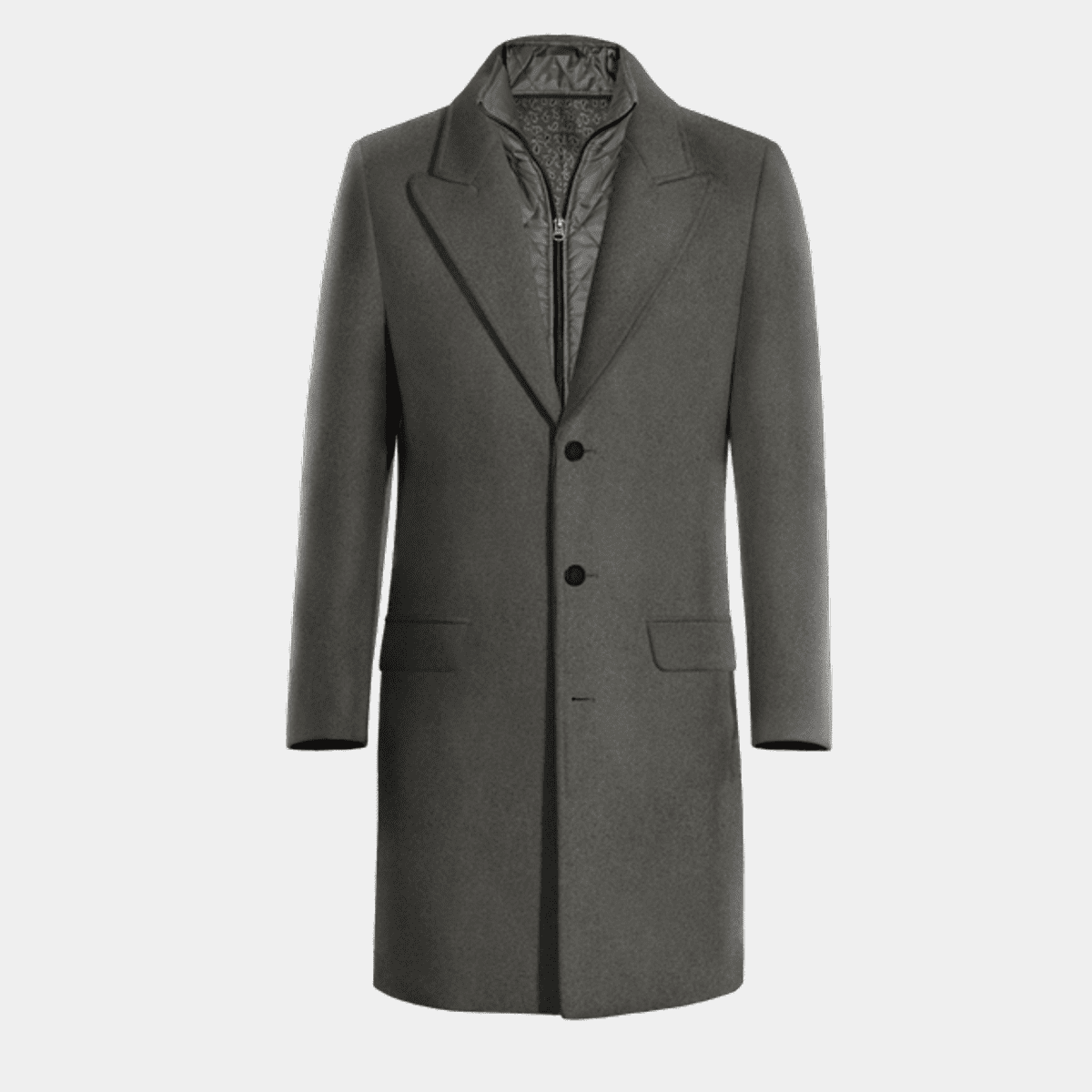 Iron gray melange long Overcoat with peak lapels & removable padded ...