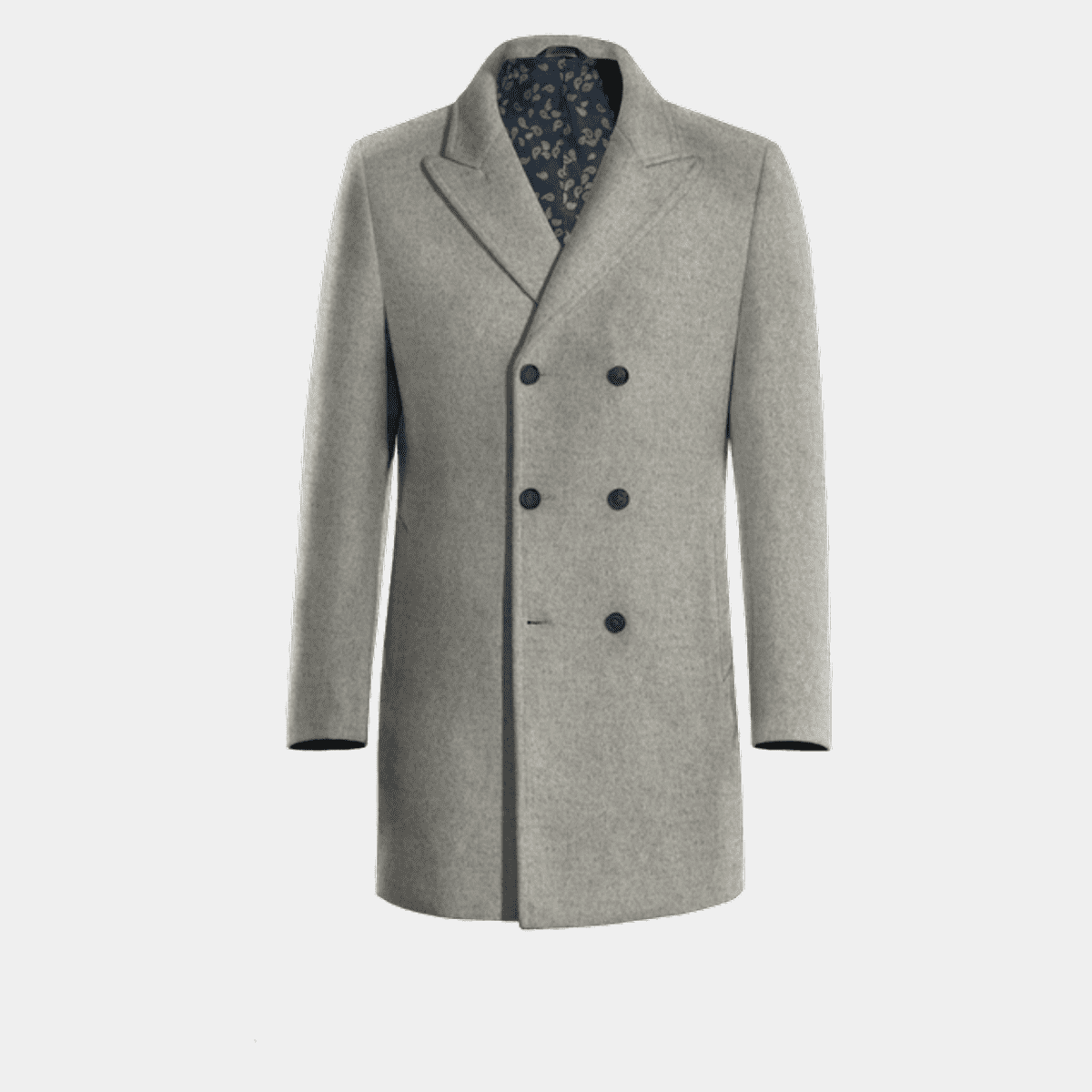 Light Grey melange Double breasted overcoat with peak lapels & blue lining