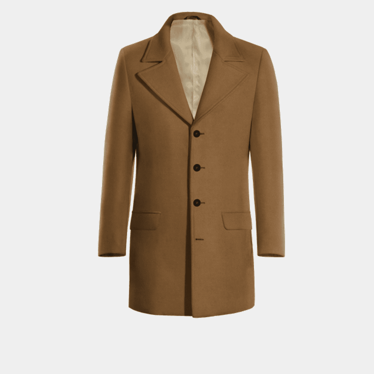 Pure Wool camel Overcoat with wide lapels & elbow patches & black lining