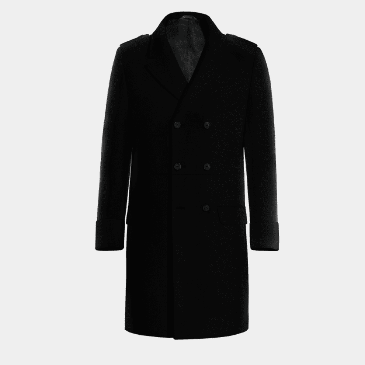 Manteau croisé long noir en laine avec les fils contrastés