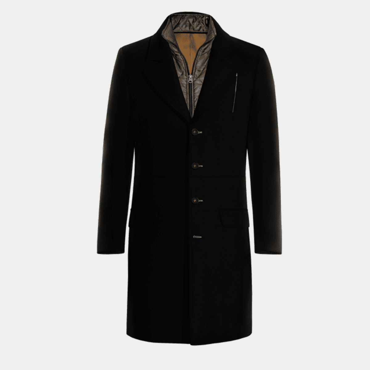 Manteau homme long noir en laine avec les fils contrastés