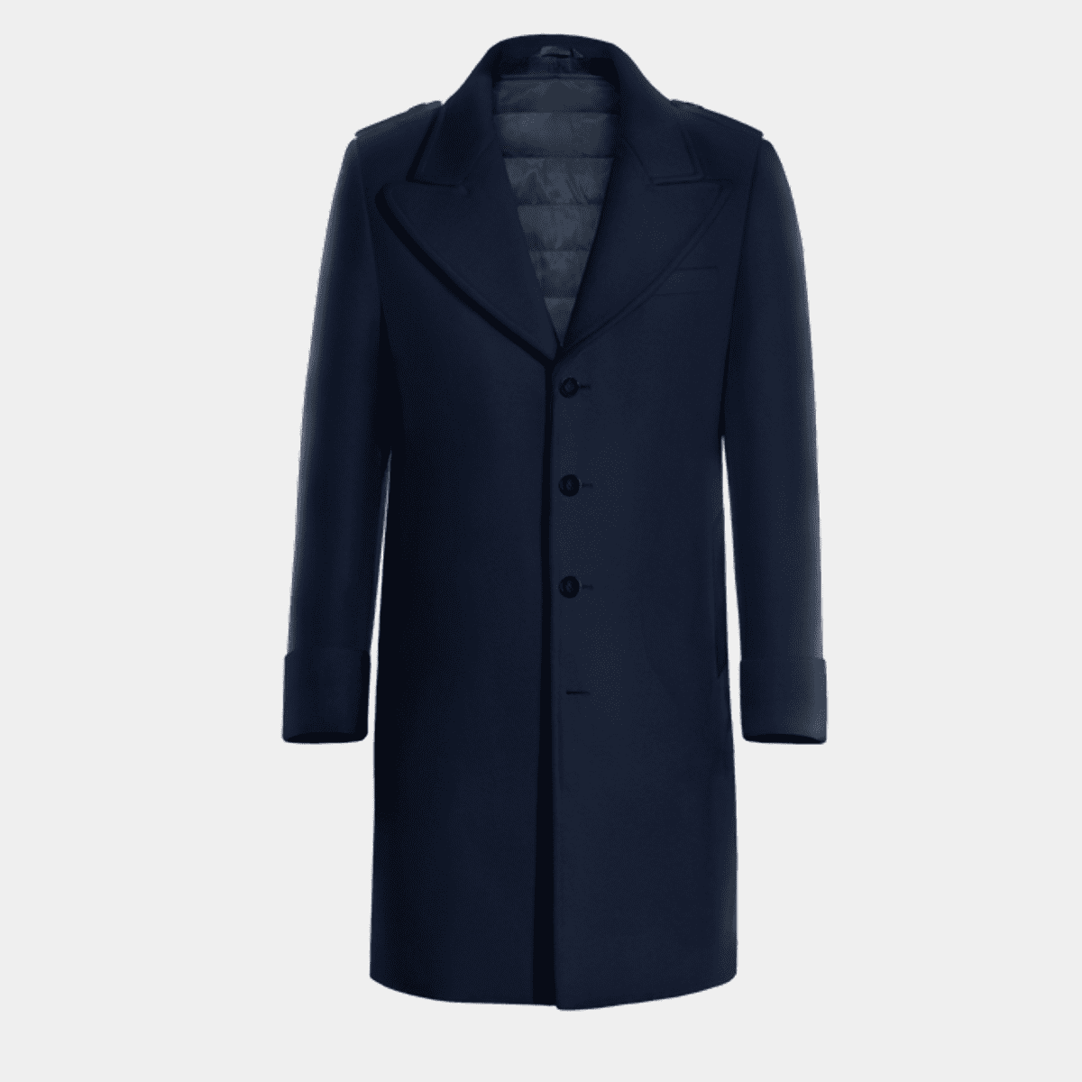 Navy Blue long Chesterfield Coat with wide lapels & epaulettes