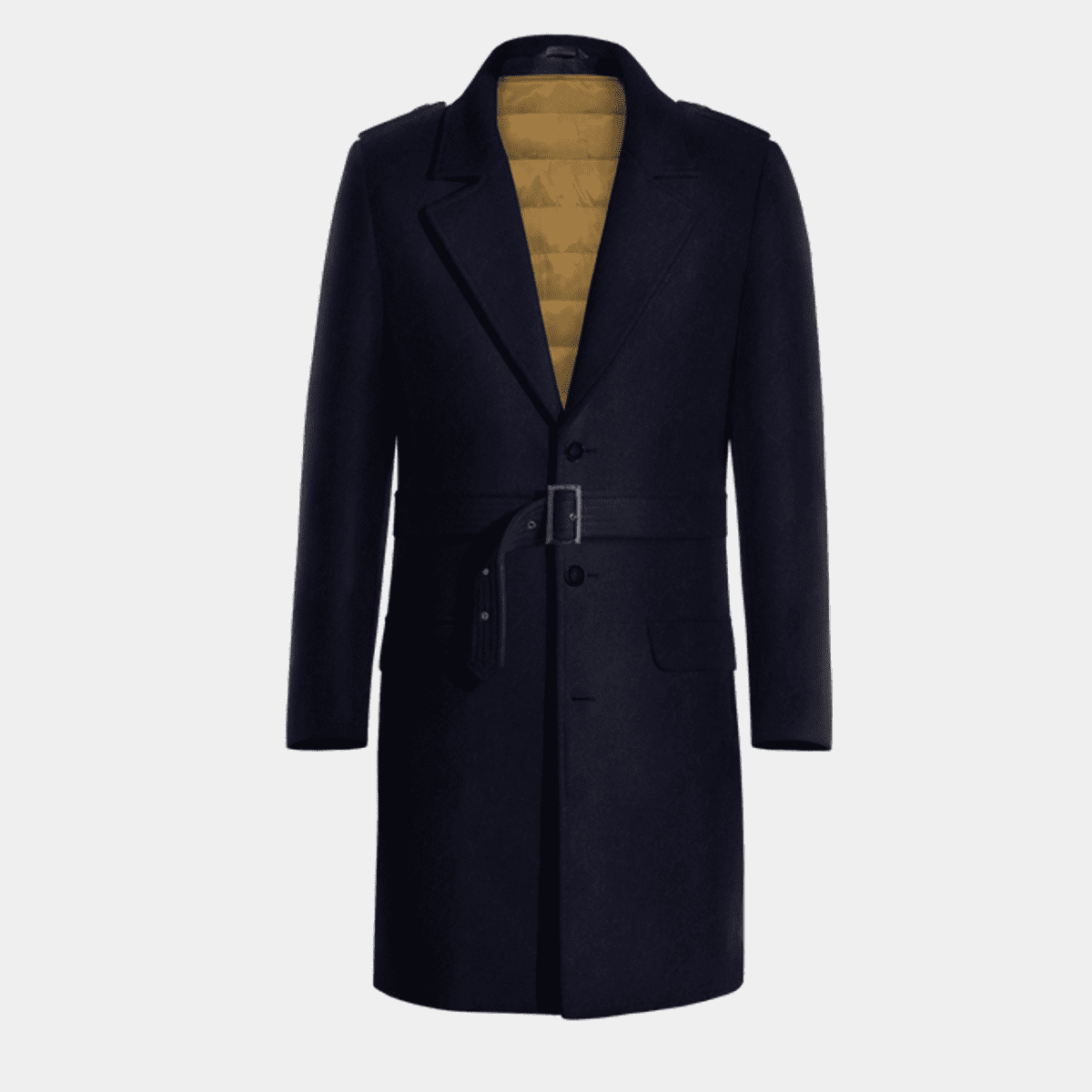 Navy Blue long belted Overcoat with epaulettes & brown lining