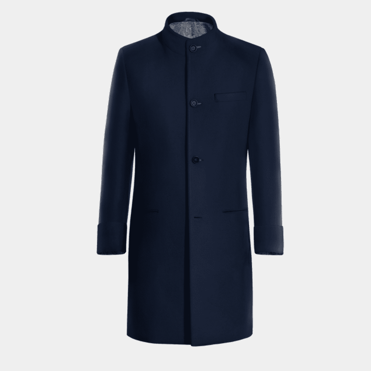 Navy Blue long Funnel neck Coat with wide lapels & contrasted ...
