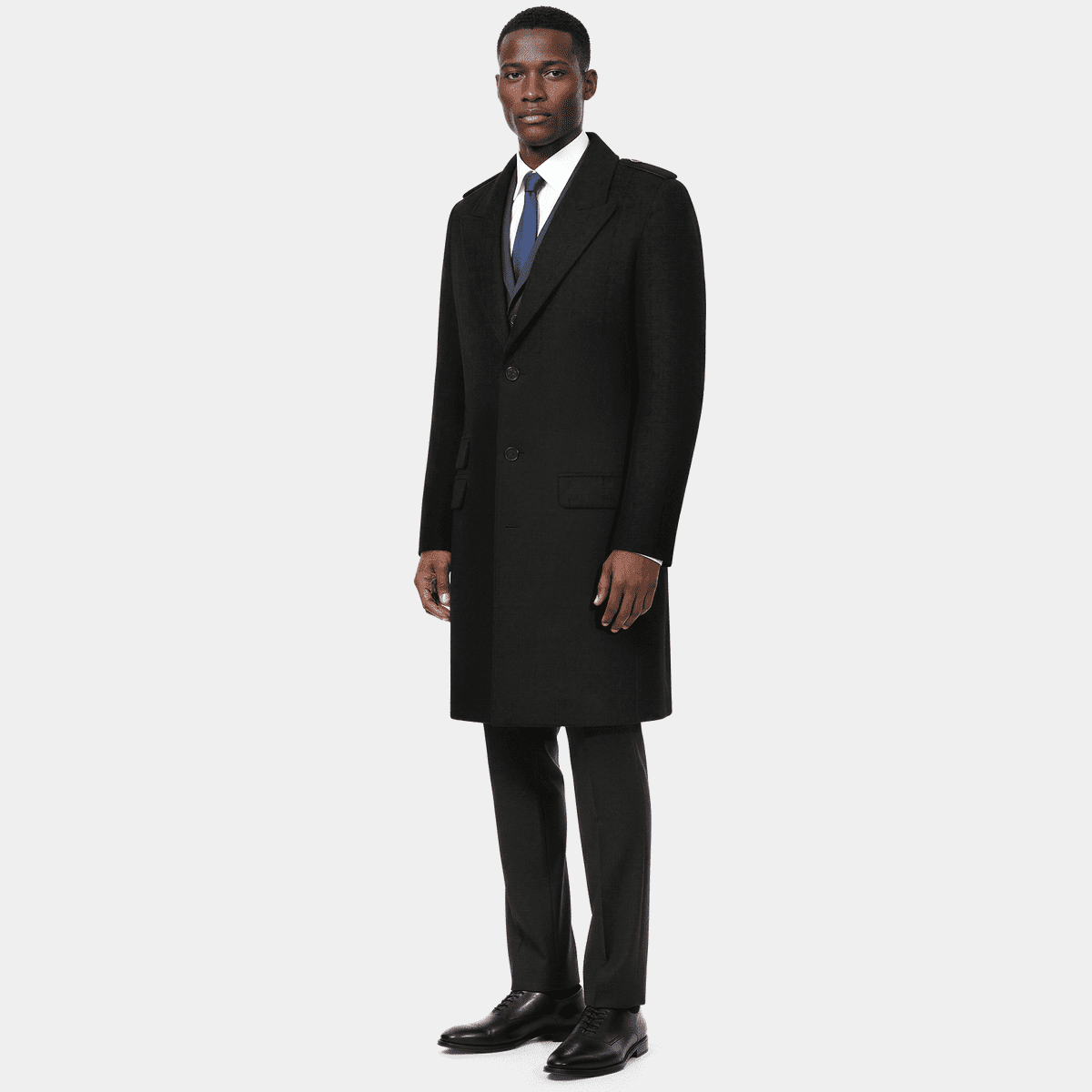 Black long Overcoat with peak lapels & epaulettes & red lining