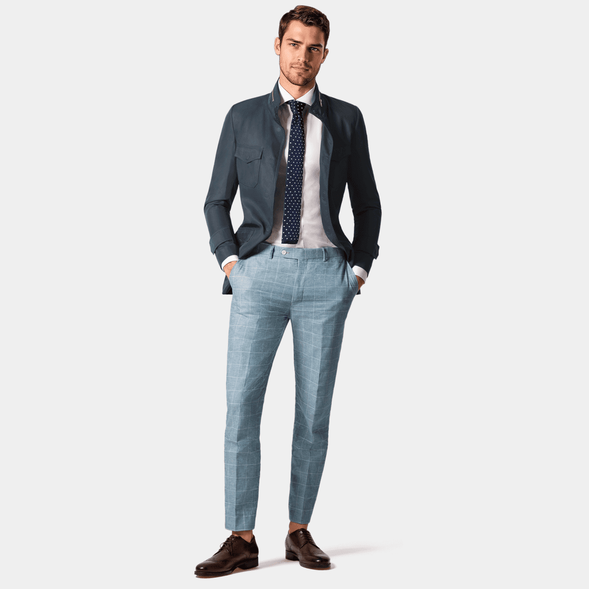 Blue military jacket with hidden hood