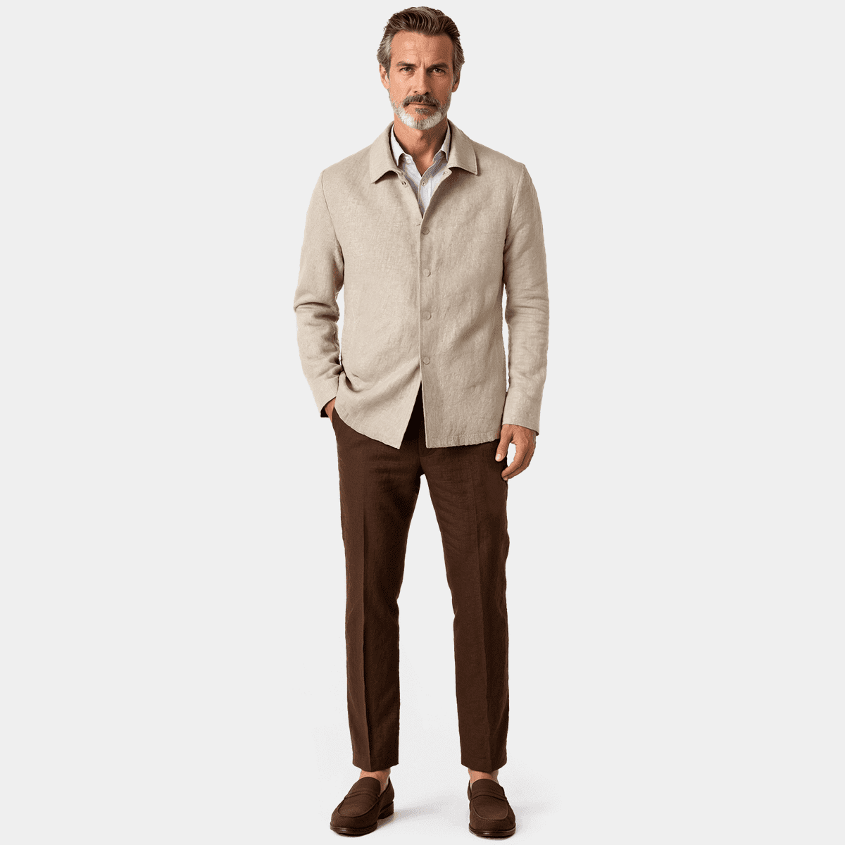 Veste saharienne homme en lin sans doublure beige avec col