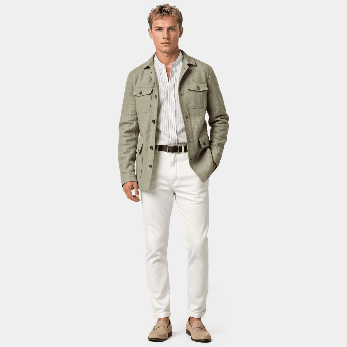 Veste saharienne homme en lin-coton sans doublure courte vert sauge ...