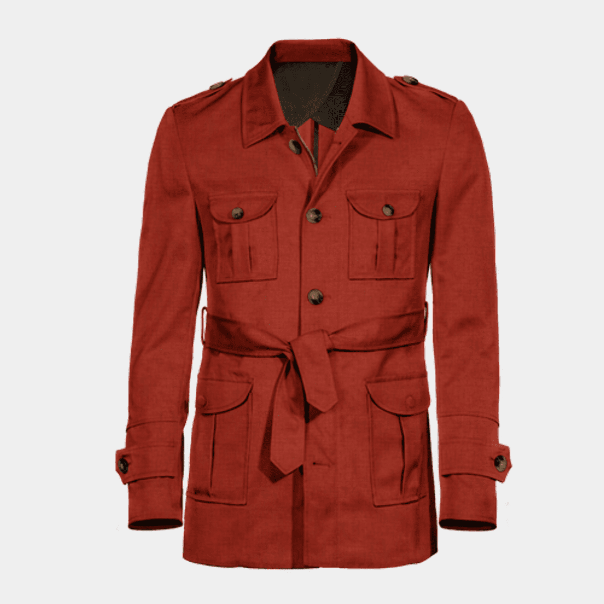 Unlined Collared Intense Red linen military field jacket with belt