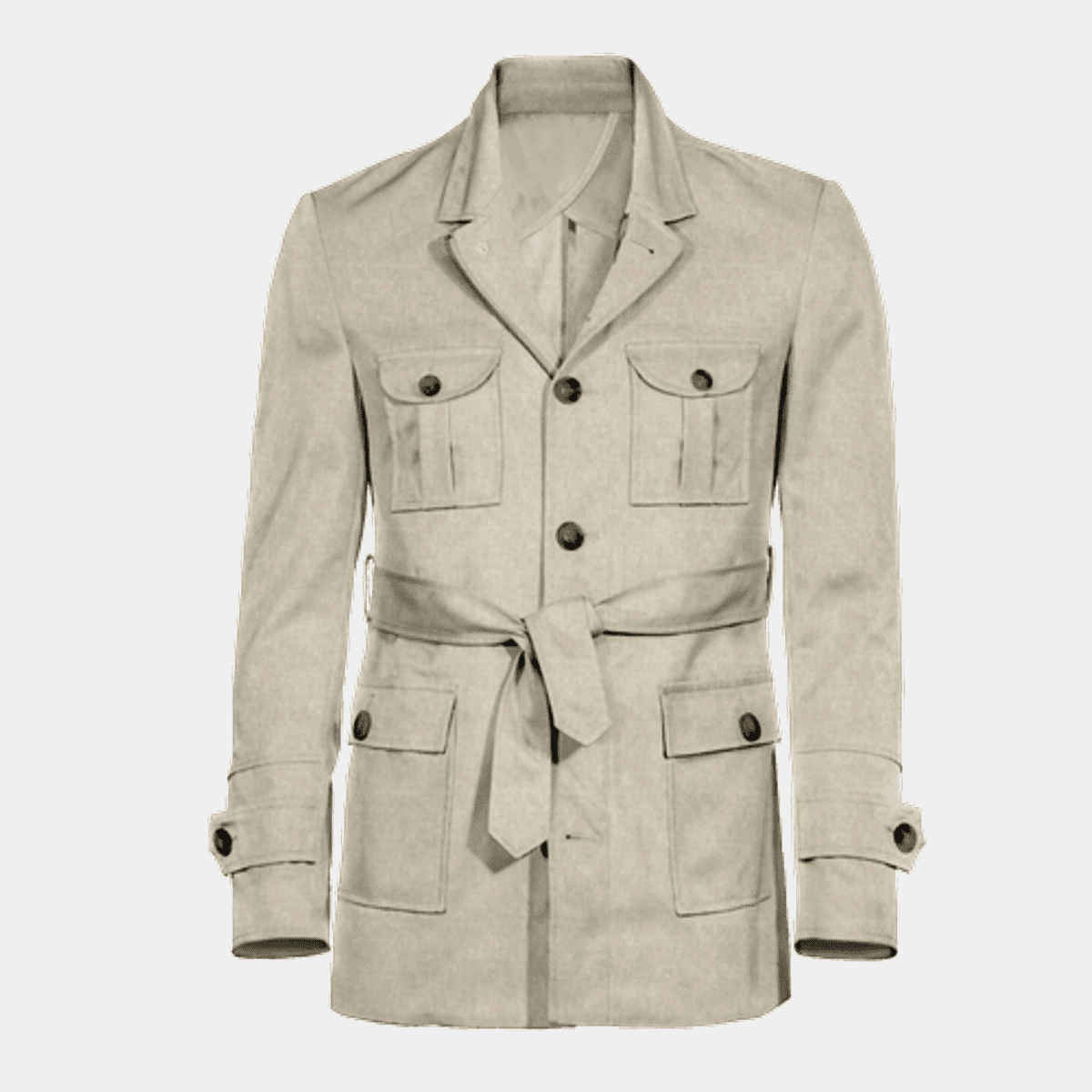 Unlined Lapeled beige linen military field jacket with belt