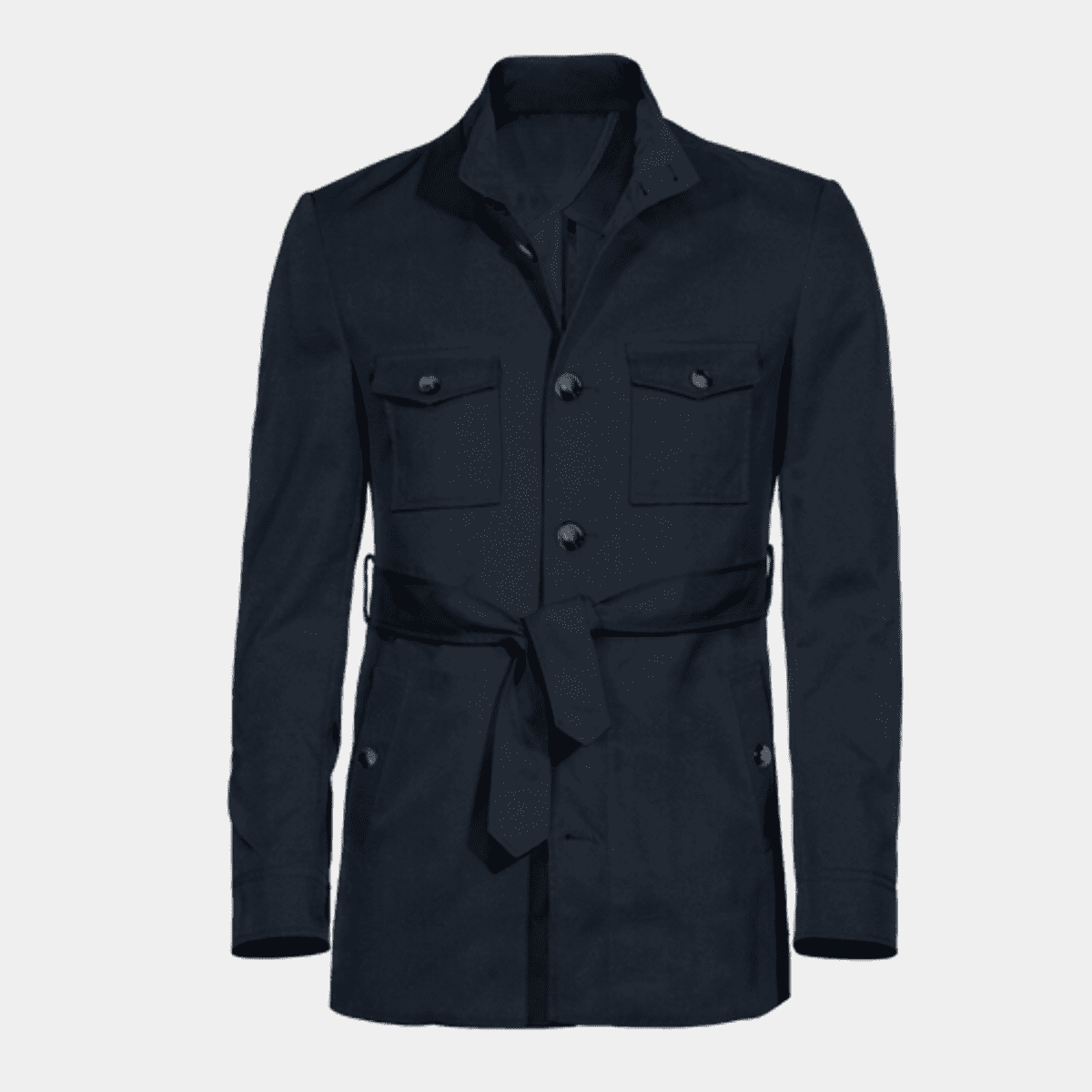 Unlined Long blue cotton Field jacket with belt