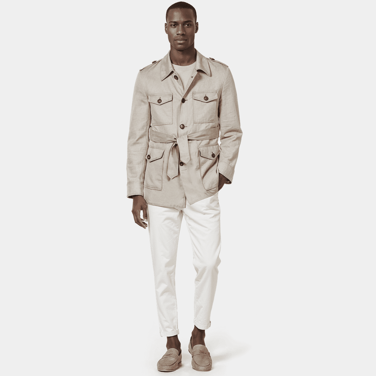 Lightweight Collared beige Field jacket with belt