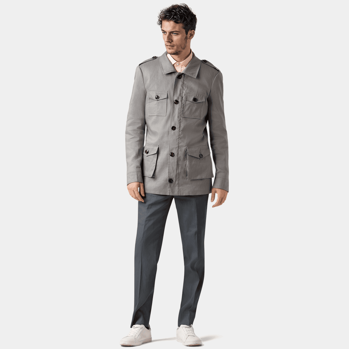 Collared Long gray linen Field jacket with epaulettes