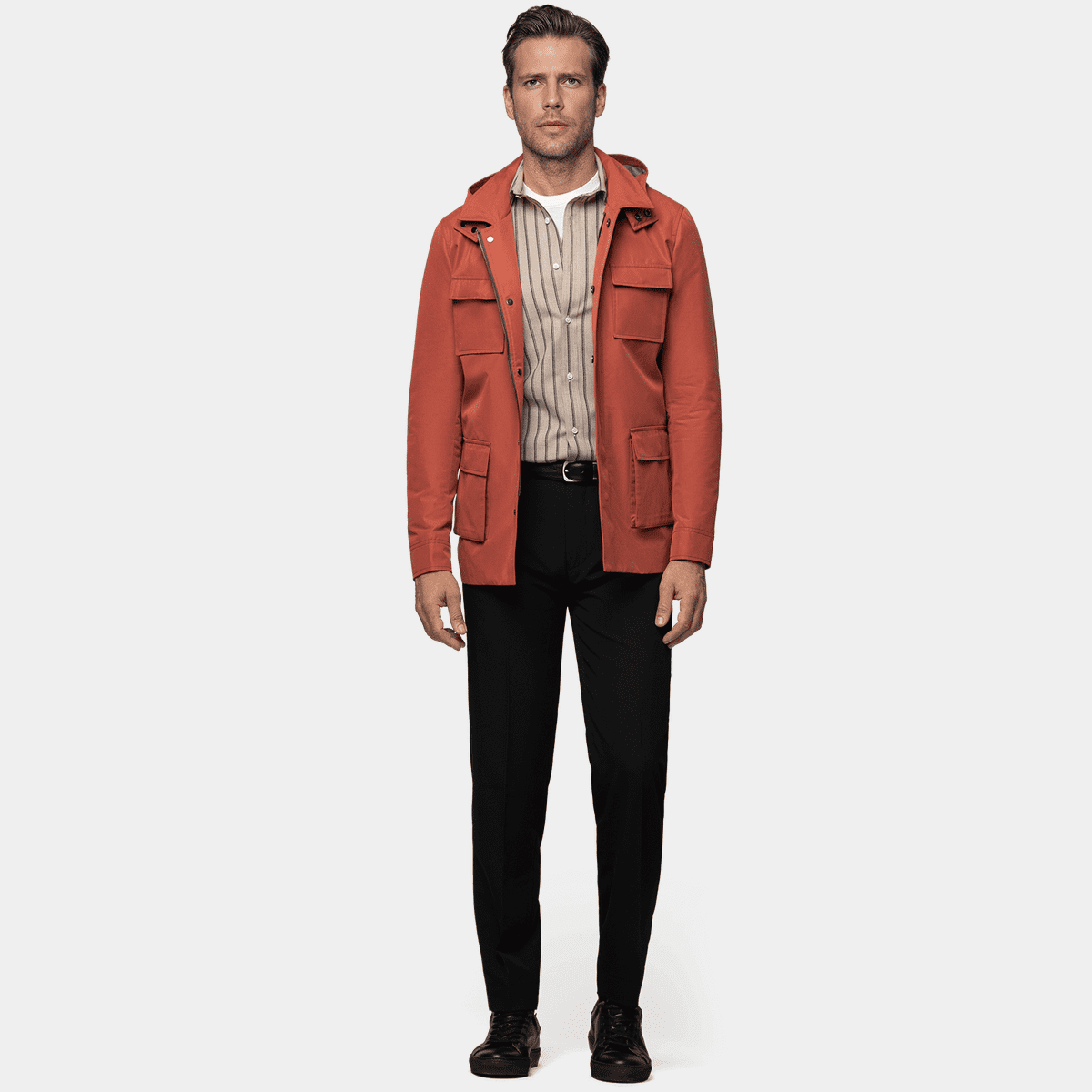 Collared Snap red Field jacket with detachable hood