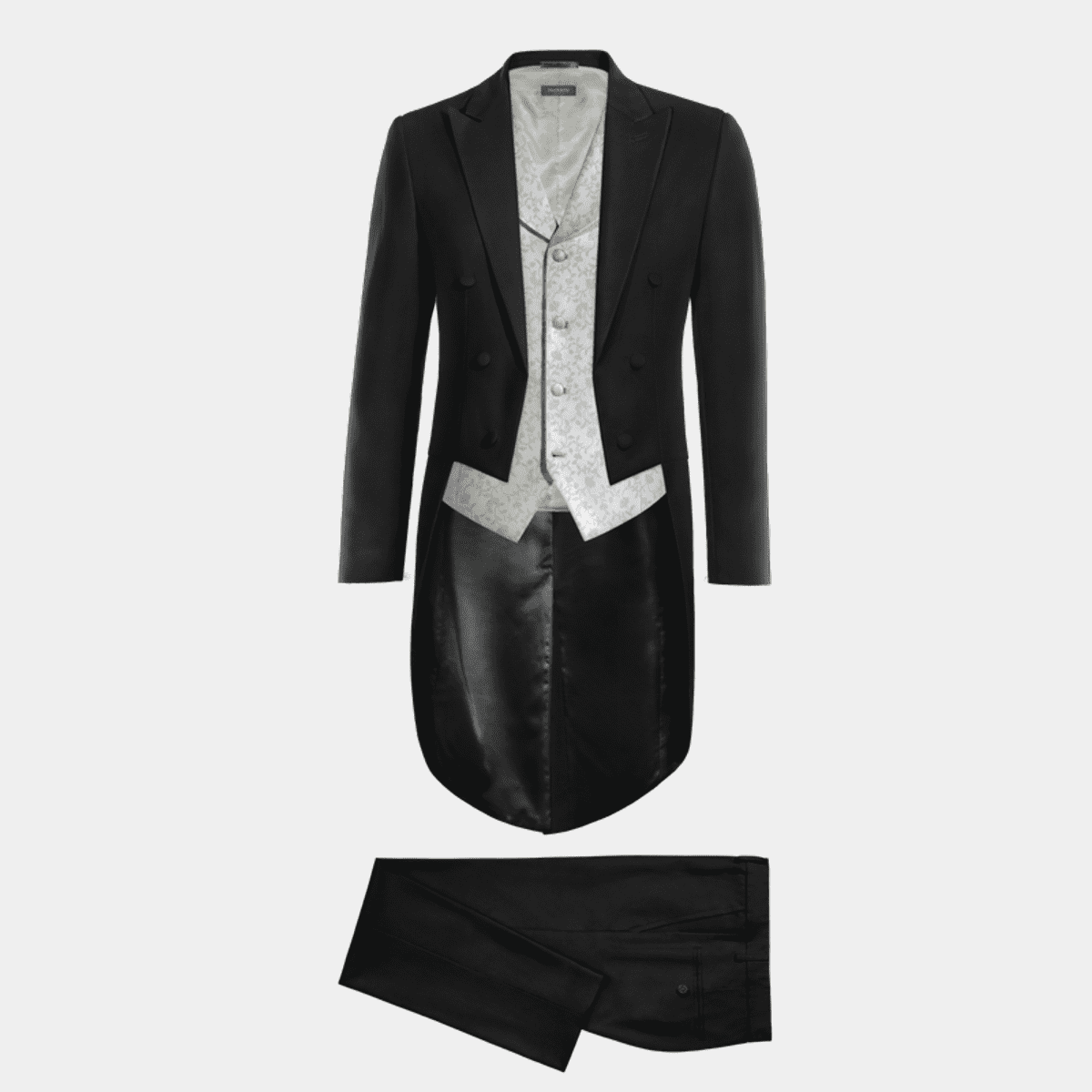 Frac negro solapa de pico chaleco gris con solapa redondeada