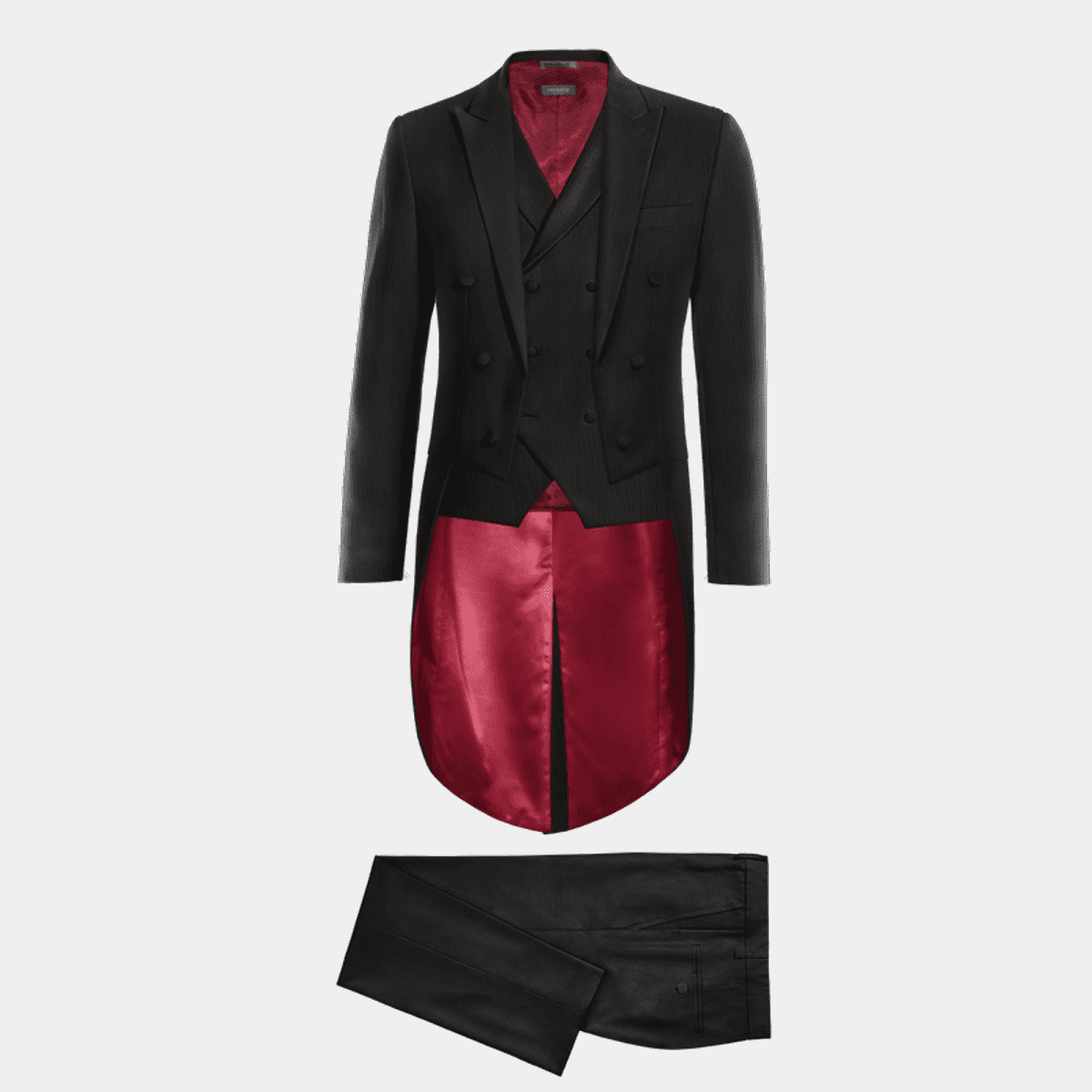 Black Peak Lapel Tailcoat With Black Lapeled Double Breasted Waistcoat