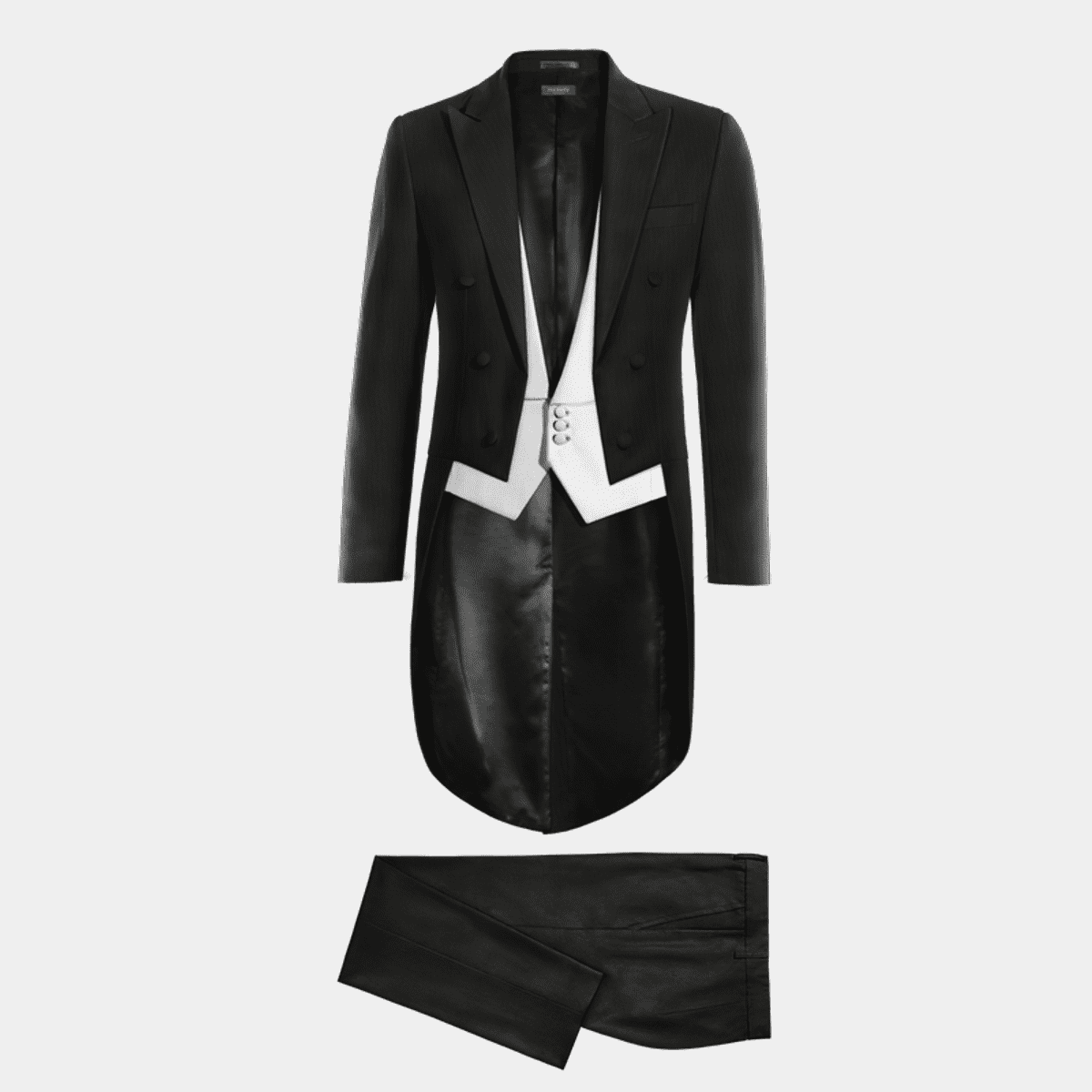 Black peak lapel suit with tails with white waistcoat