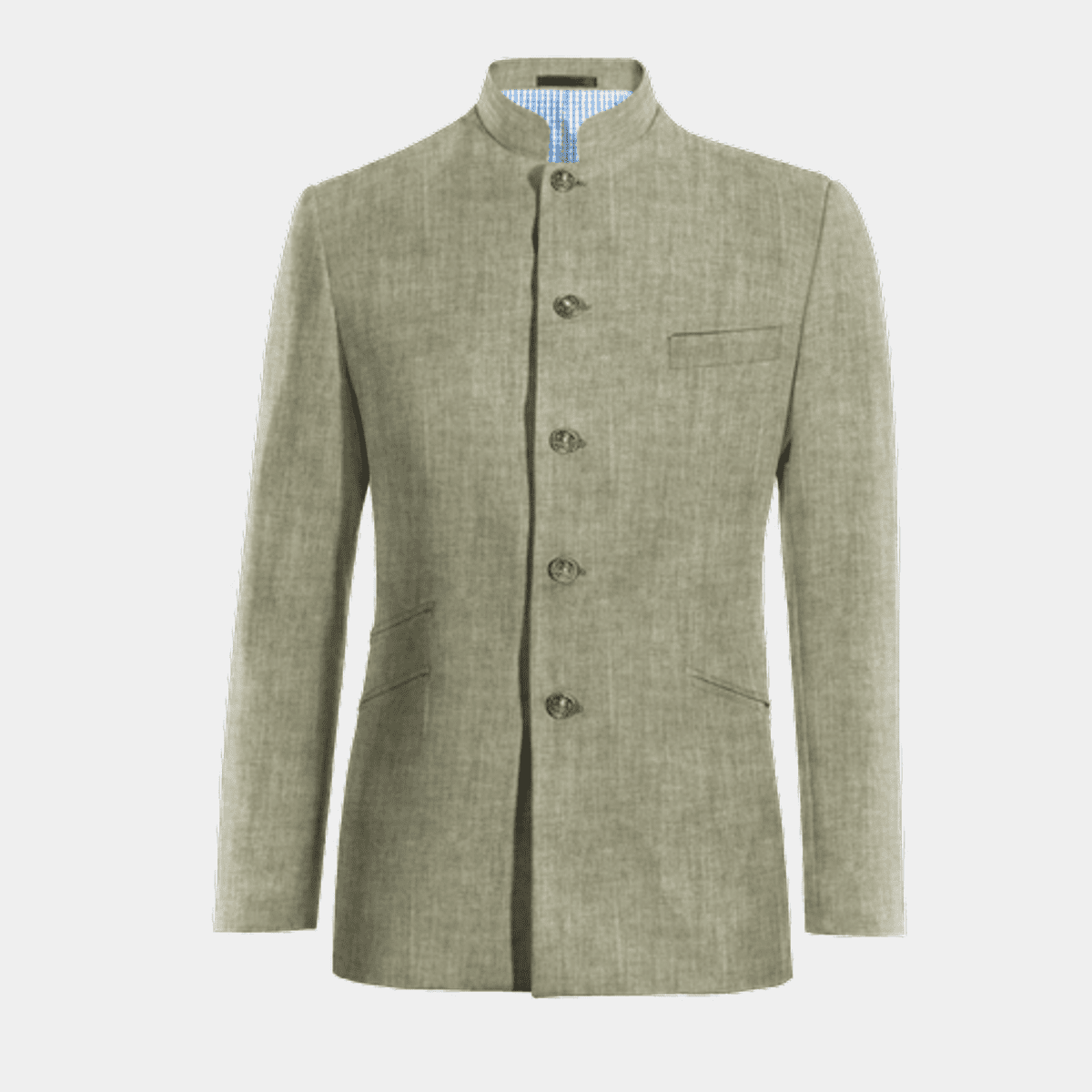 Sage green herringbone linen-cotton mao Blazer with elbow patches