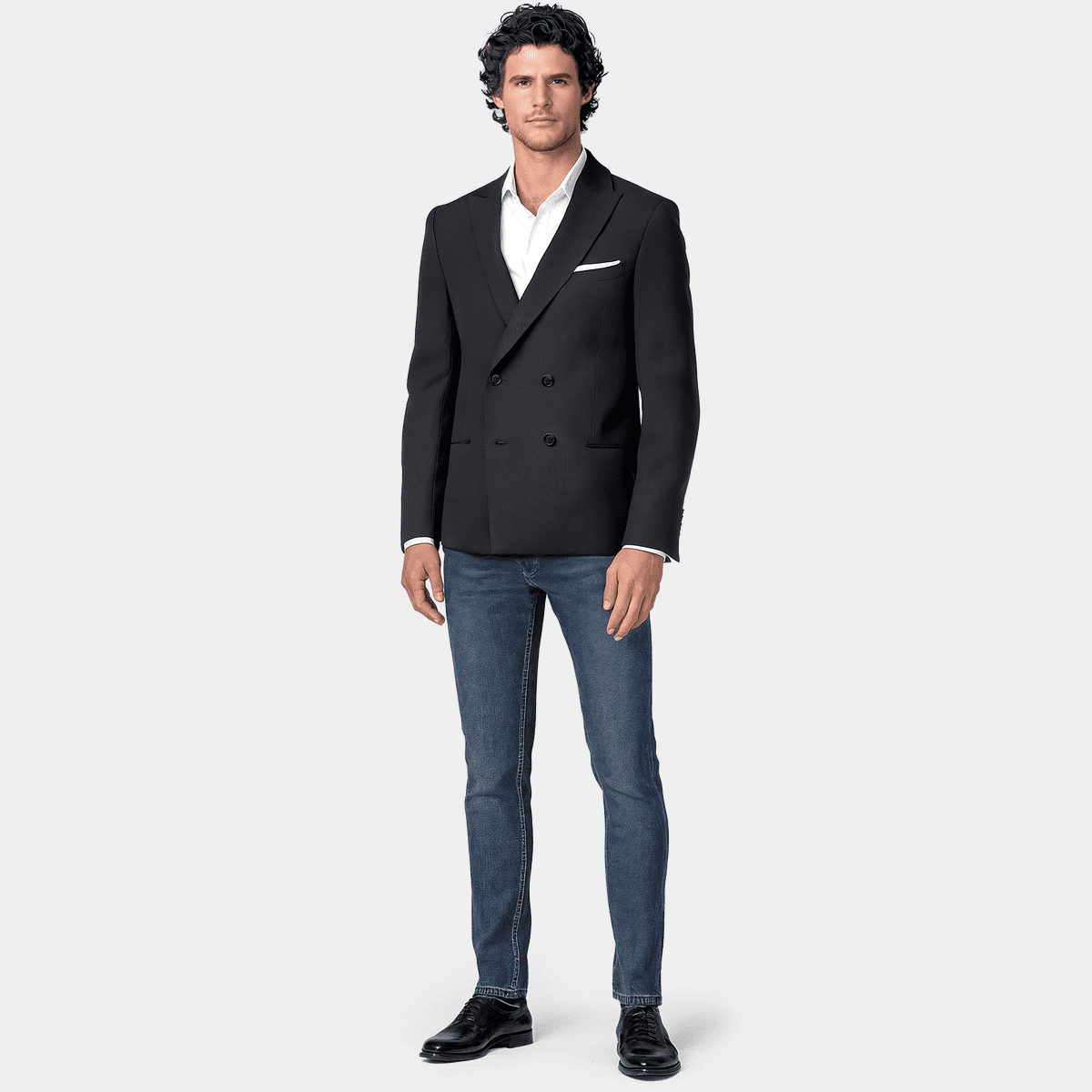 Black Merino Wool double breasted Blazer with handkerchief