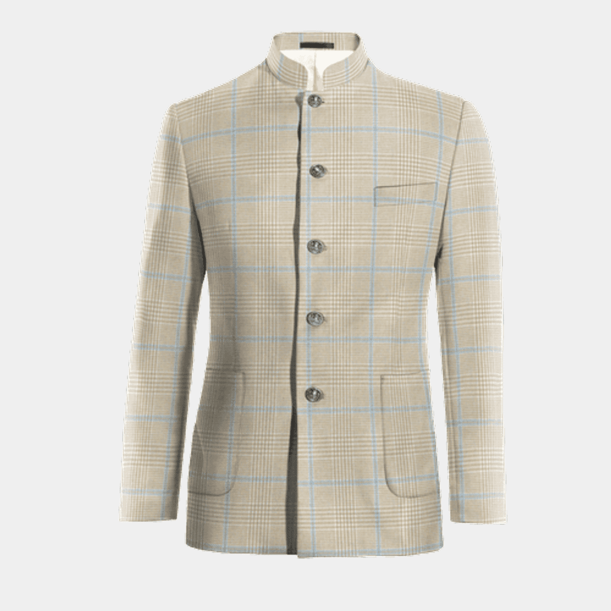 Beige prince of wales lightweight cotton-linen collarless Blazer