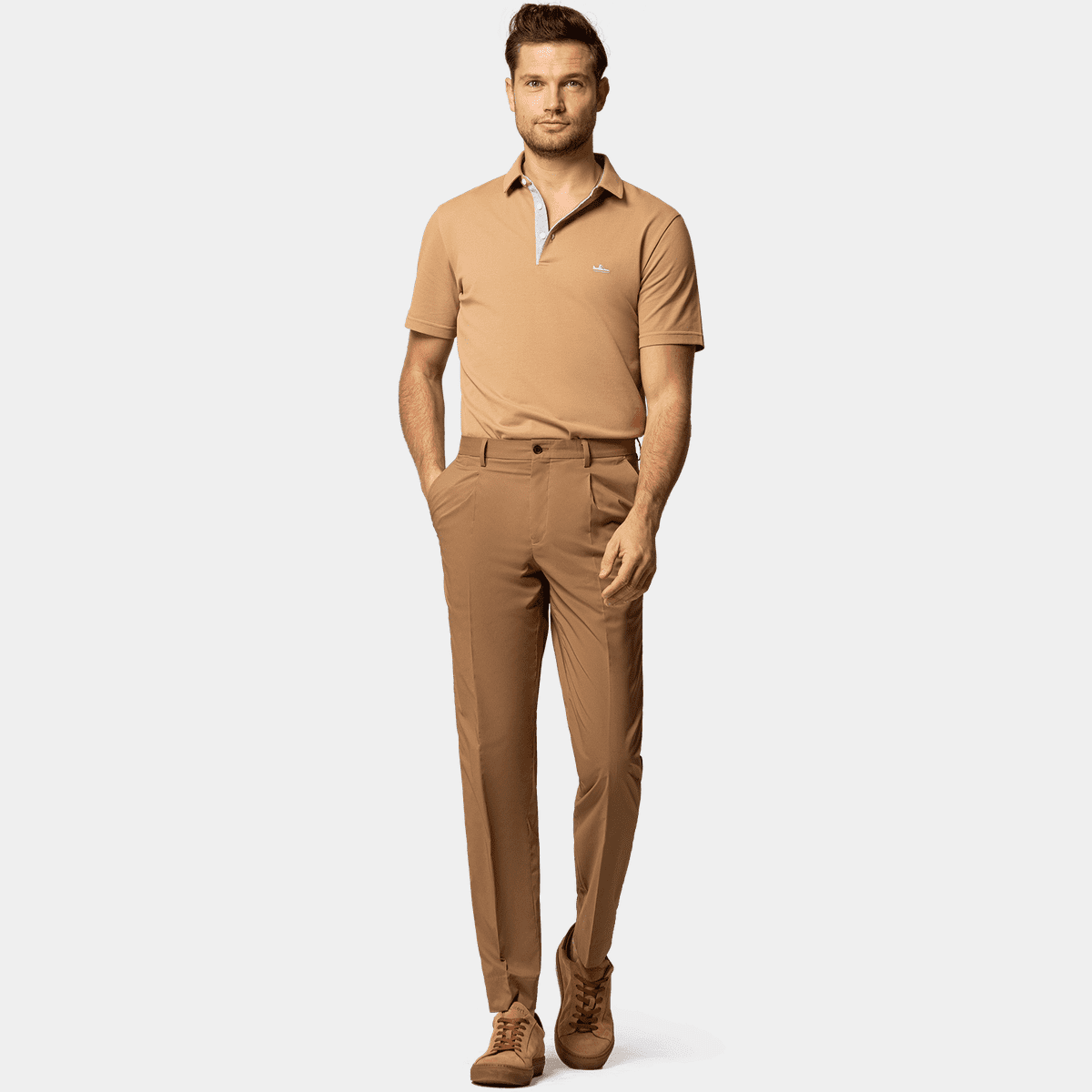 Camel cotton-tencel pique dress collar polo with custom inner collar