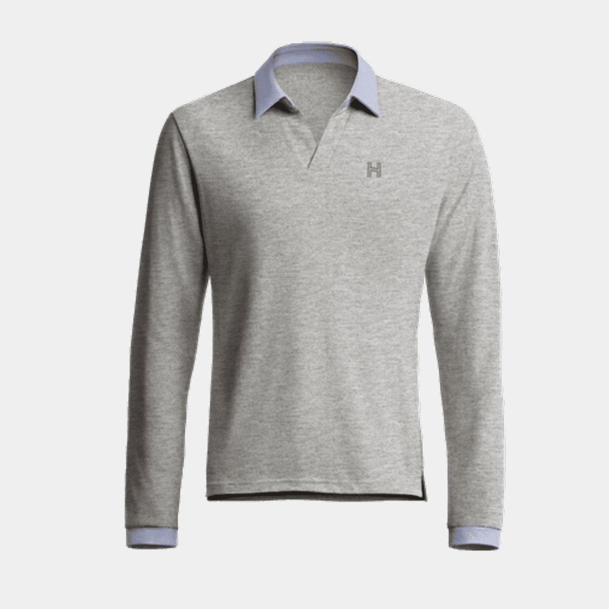 Light gray pique buttonless polo with blue collar
