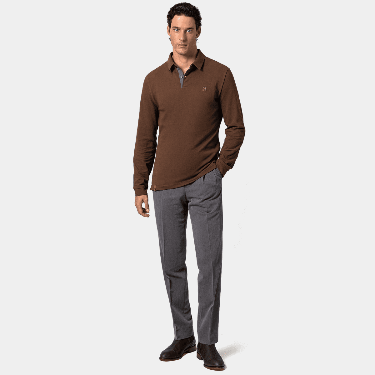 Chocolate brown pique long sleeved polo with gray collar