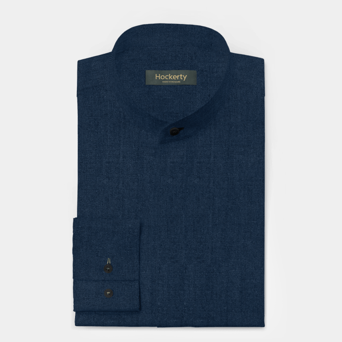 Navy blue linen-cotton band collar Shirt with hidden buttons