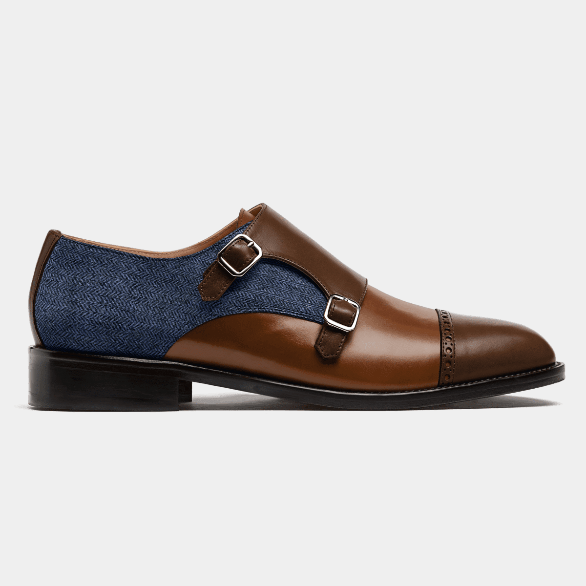 Monk strap brogues in brown, burgundy & blue leather & tweed