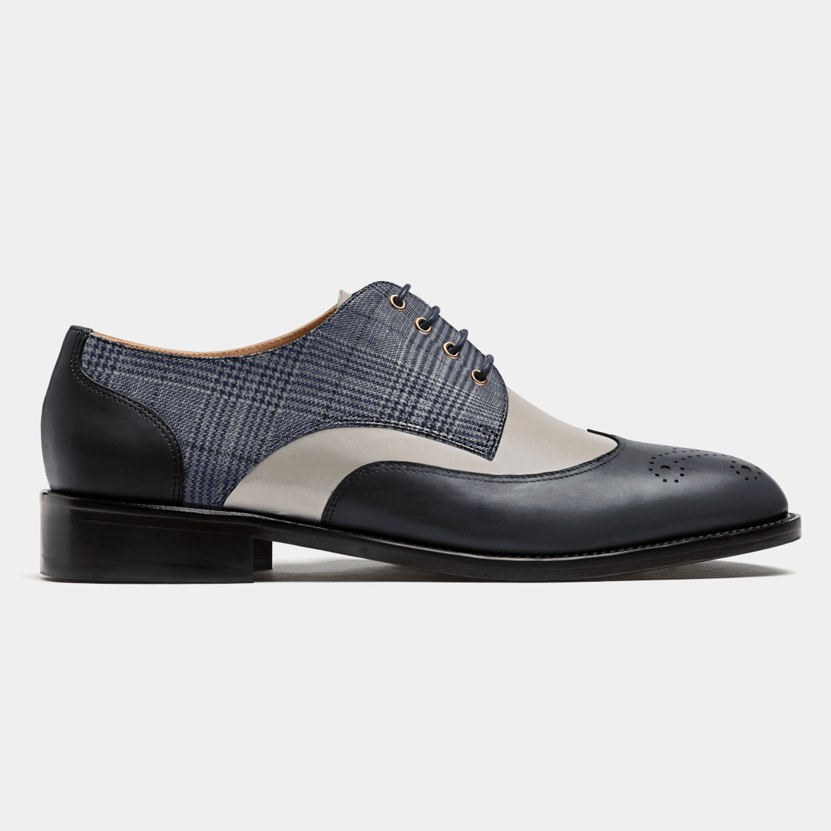 Wingtip Derby dress shoes in white, blue & black leather & tweed