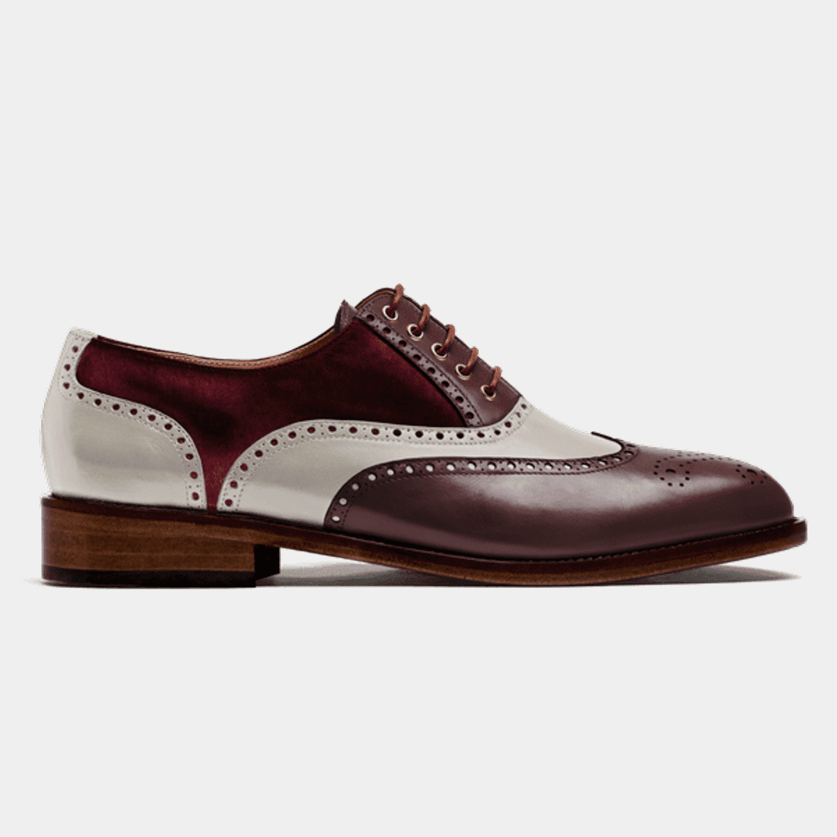 Brogue Shoes in white & burgundy leather & velvet
