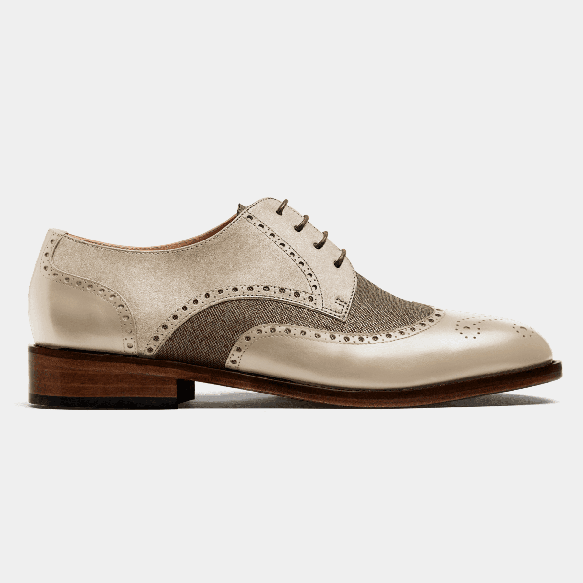 Full Brogue shoes in brown & beige tweed, leather & suede