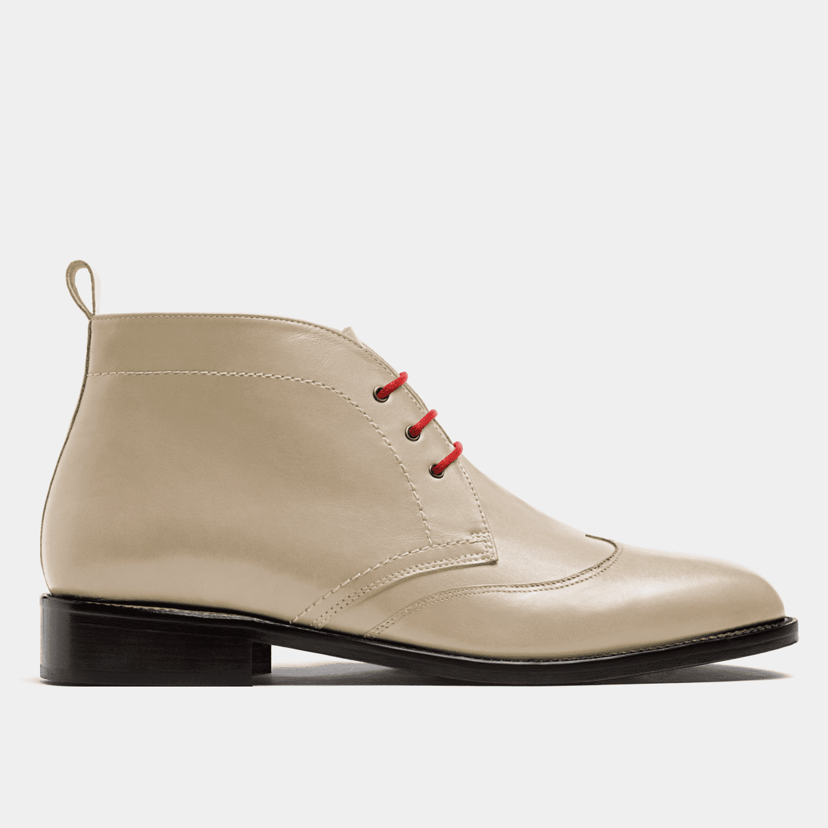 Wingtip Chukka Boots in white leather & beige elastic band