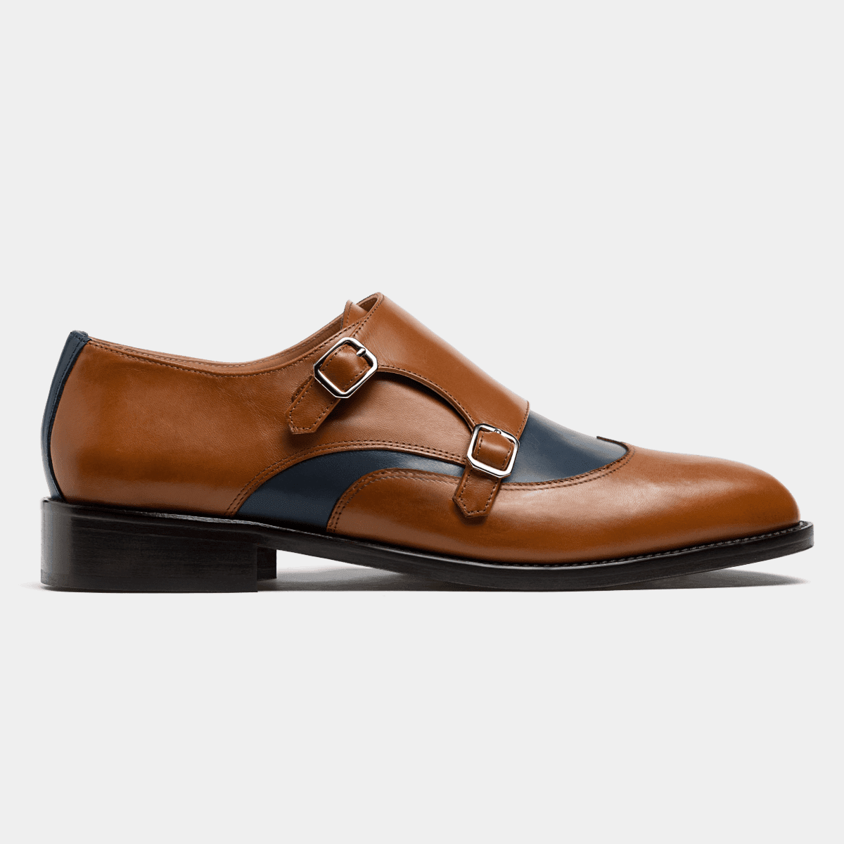 Wingtip Double monk strap shoes in blue & brown leather